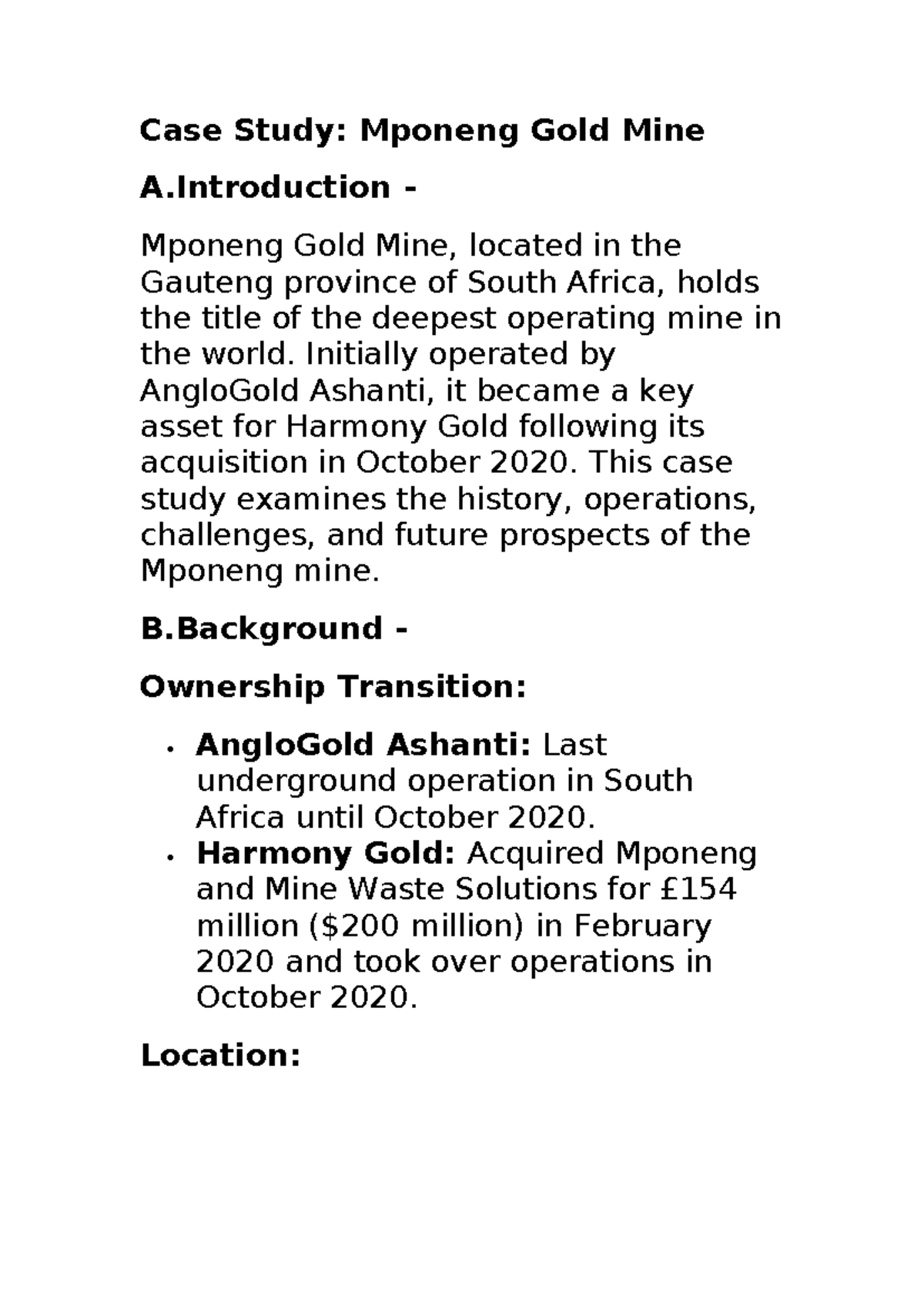 Case Study - Mponeng gold mine - Case Study: Mponeng Gold Mine A ...