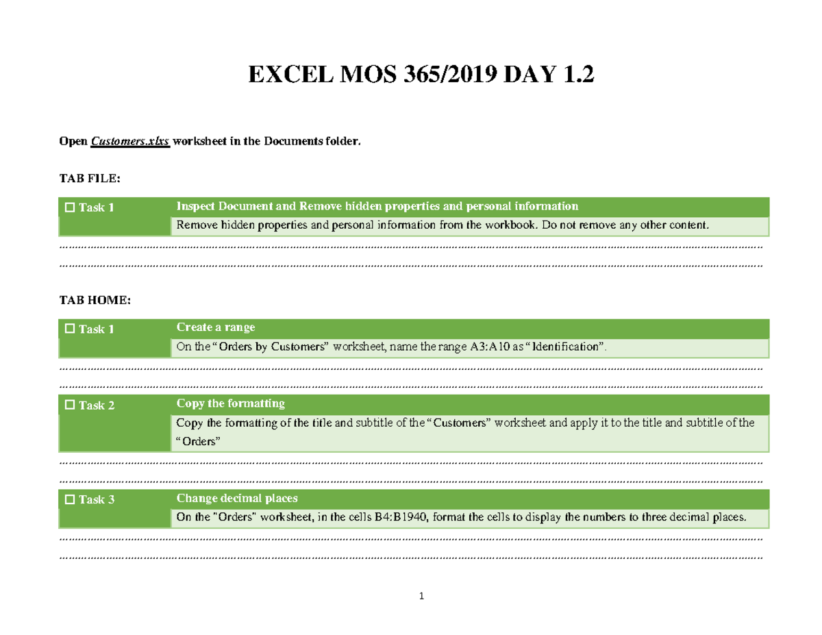 DAY 1 - 1 EXCEL MOS 365/2019 DAY 1. Open Customers worksheet in the ...