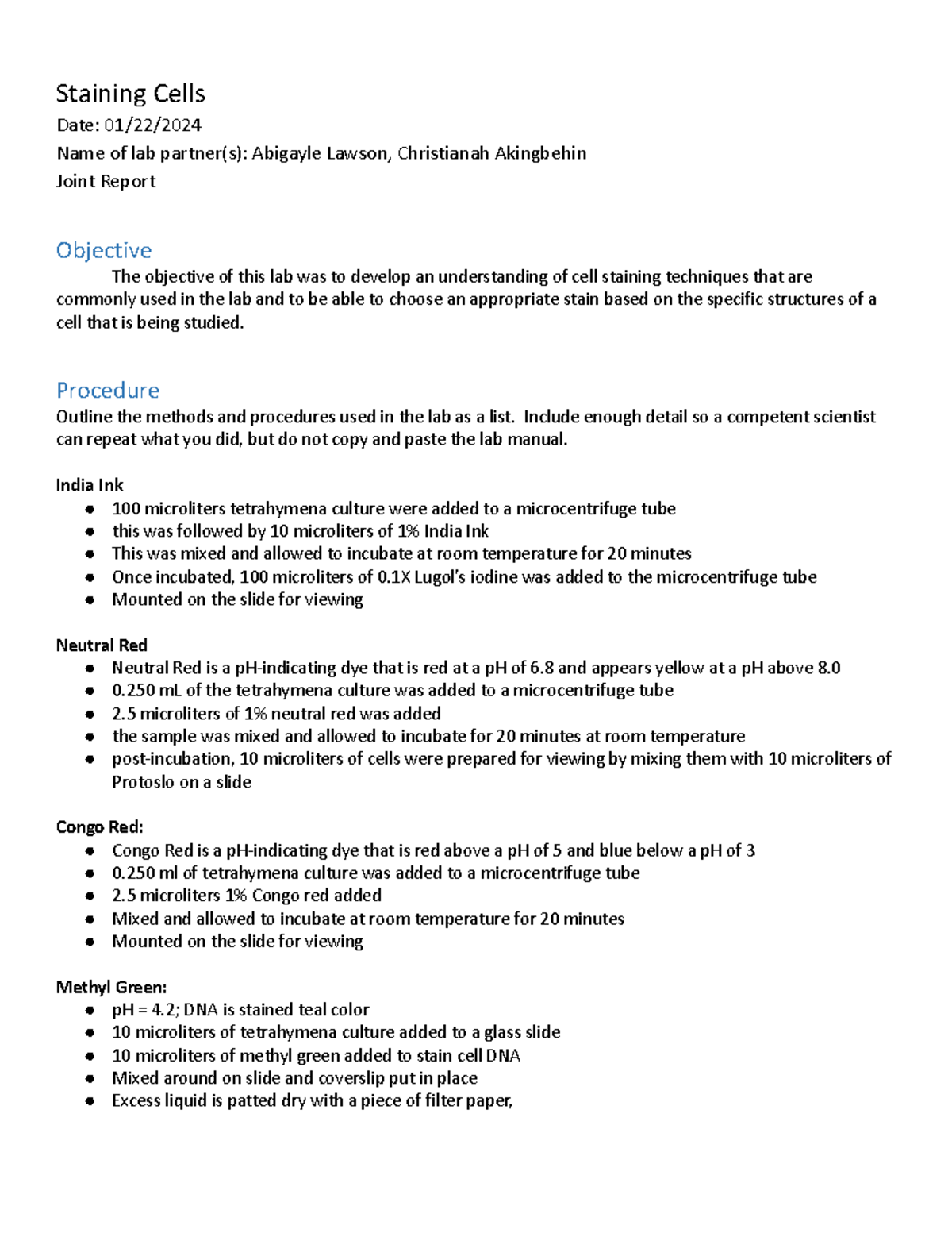 Lab 4 - Staining Cells - Lab assignment - Staining Cells Date: 01/22/ Name of lab partner(s ...