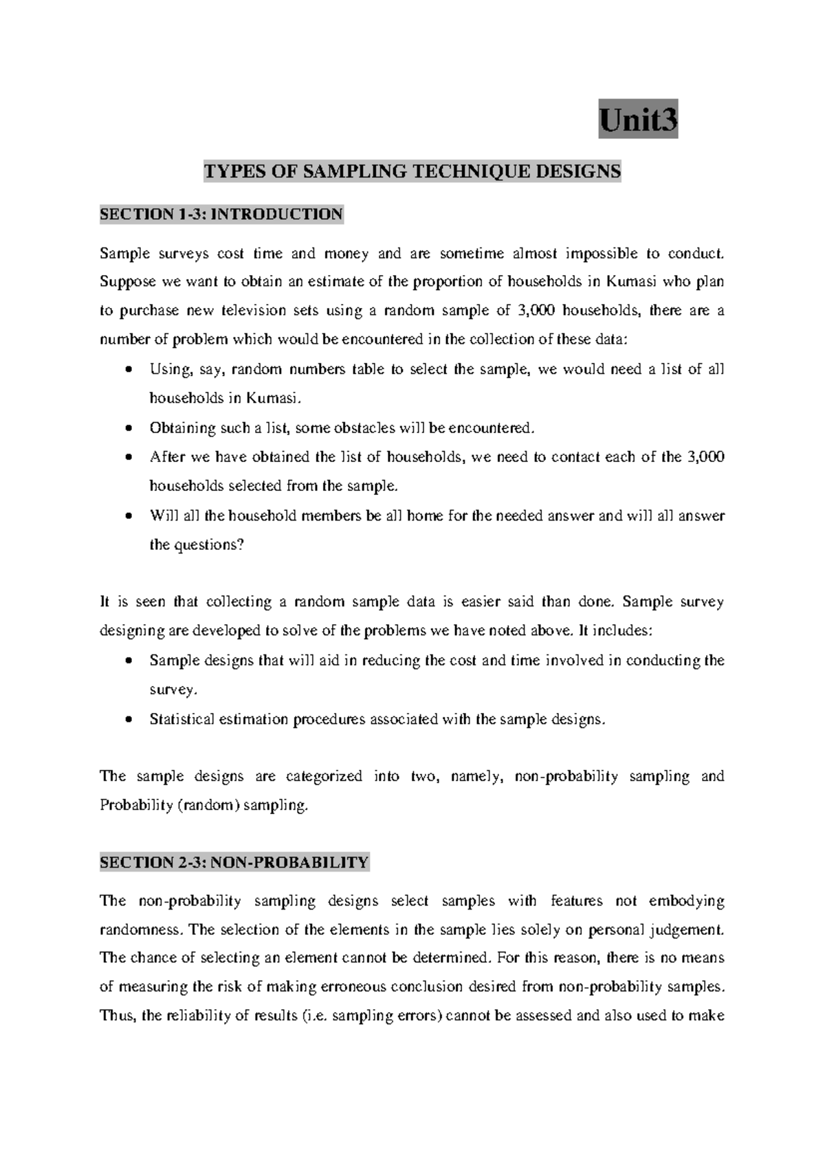 Lecture-notes-21 - Sample survey and techniques - Unit ####### TYPES OF ...