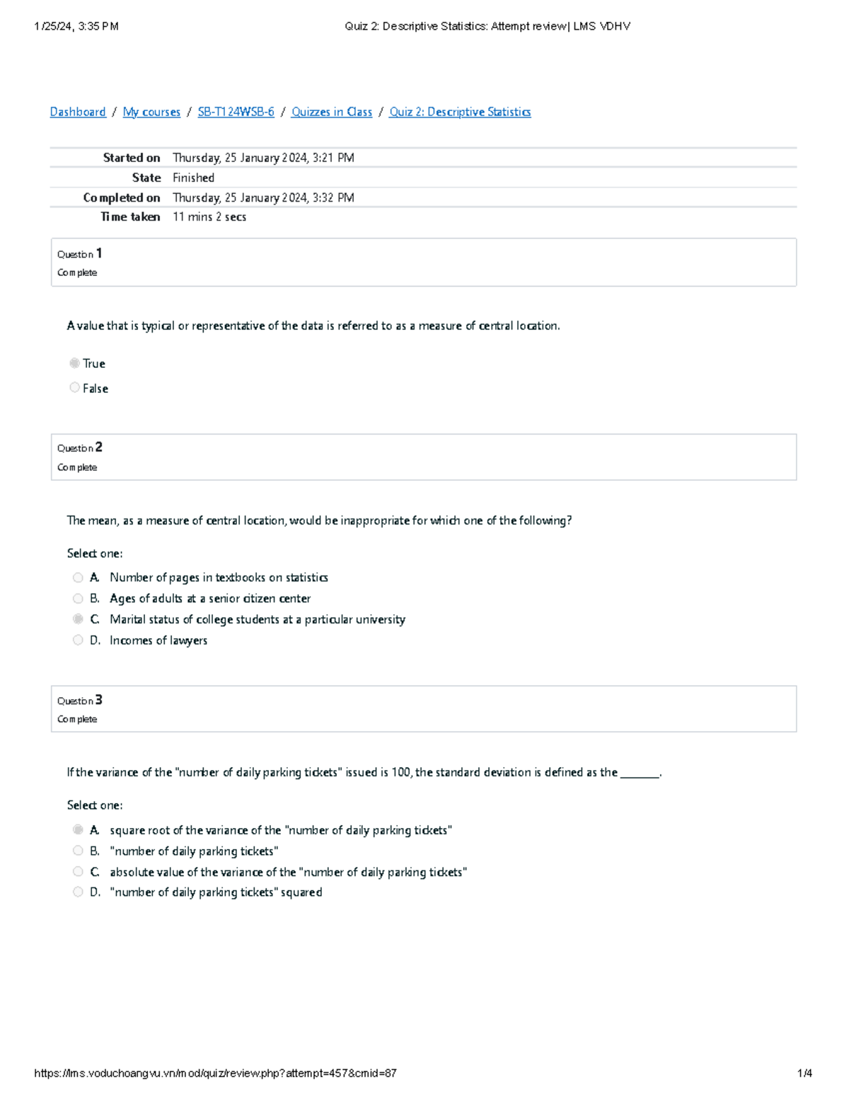 Quiz 2 Descriptive Statistics Attempt - Started on Thursday, 25 January ...