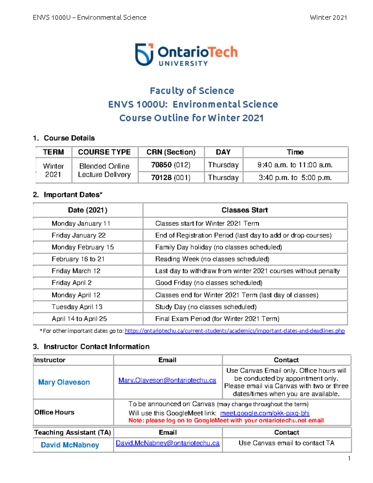 ENVS 1000-W2021-Syllabus - Faculty of Science ENVS 1000U: Environmental ...