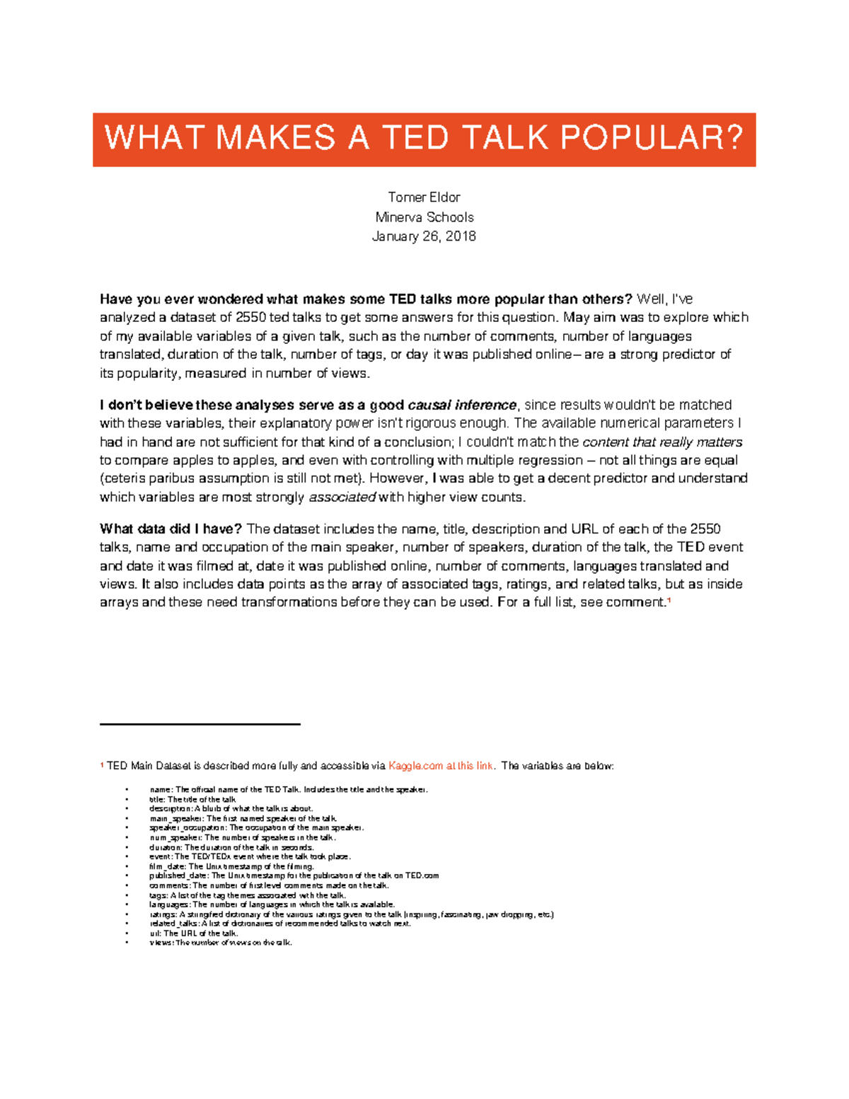 Ted Talks Analysis FULL PDF - WHAT MAKES A TED TALK POPULAR? Tomer ...
