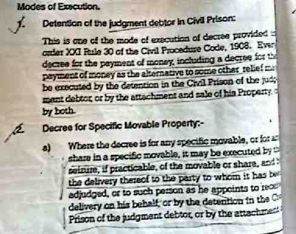 Execution - Civil procedure code - Modes of Execution. j. Detention of the judgment debtor in ...