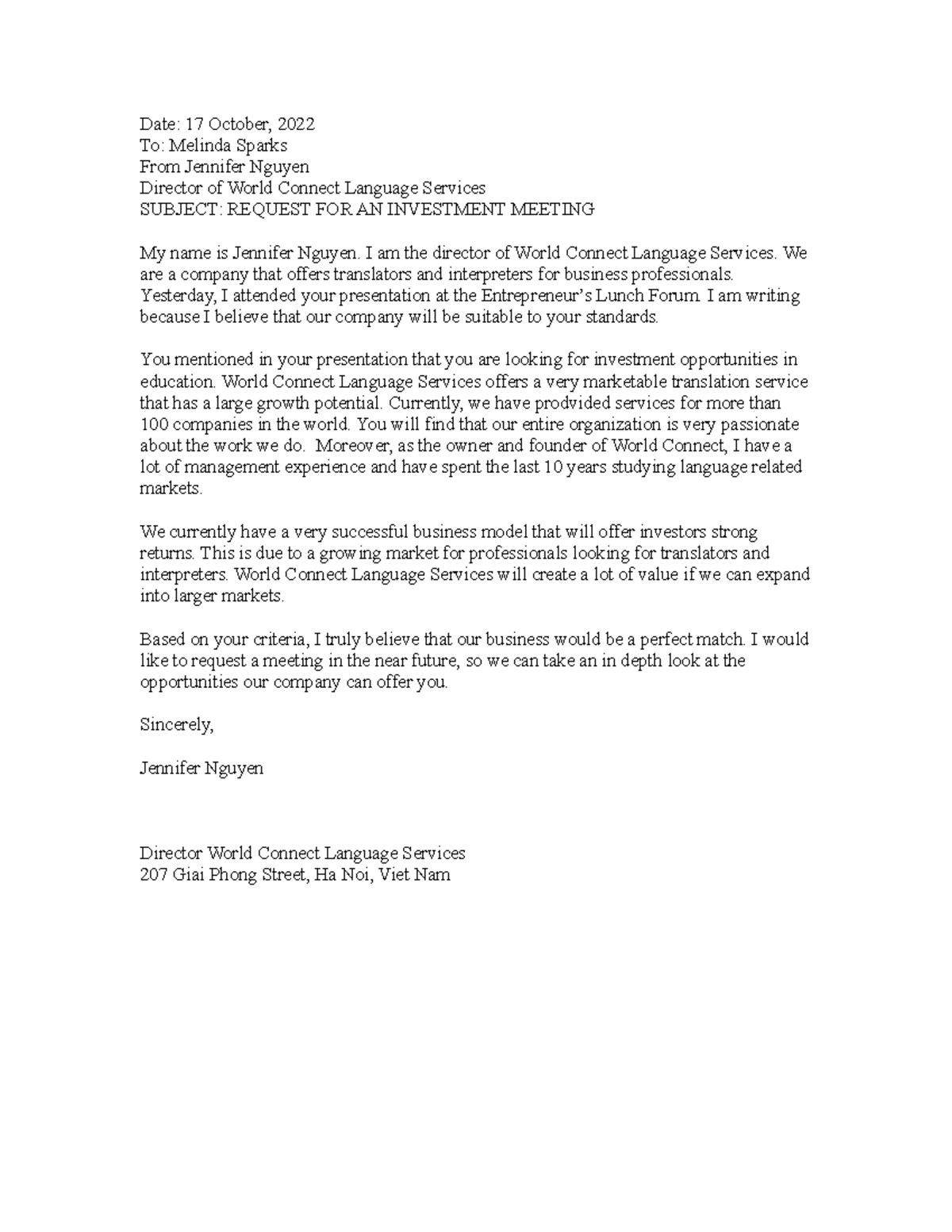 Persuasive-letter Horowitz - Date: 17 October, 2022 To: Melinda Sparks ...