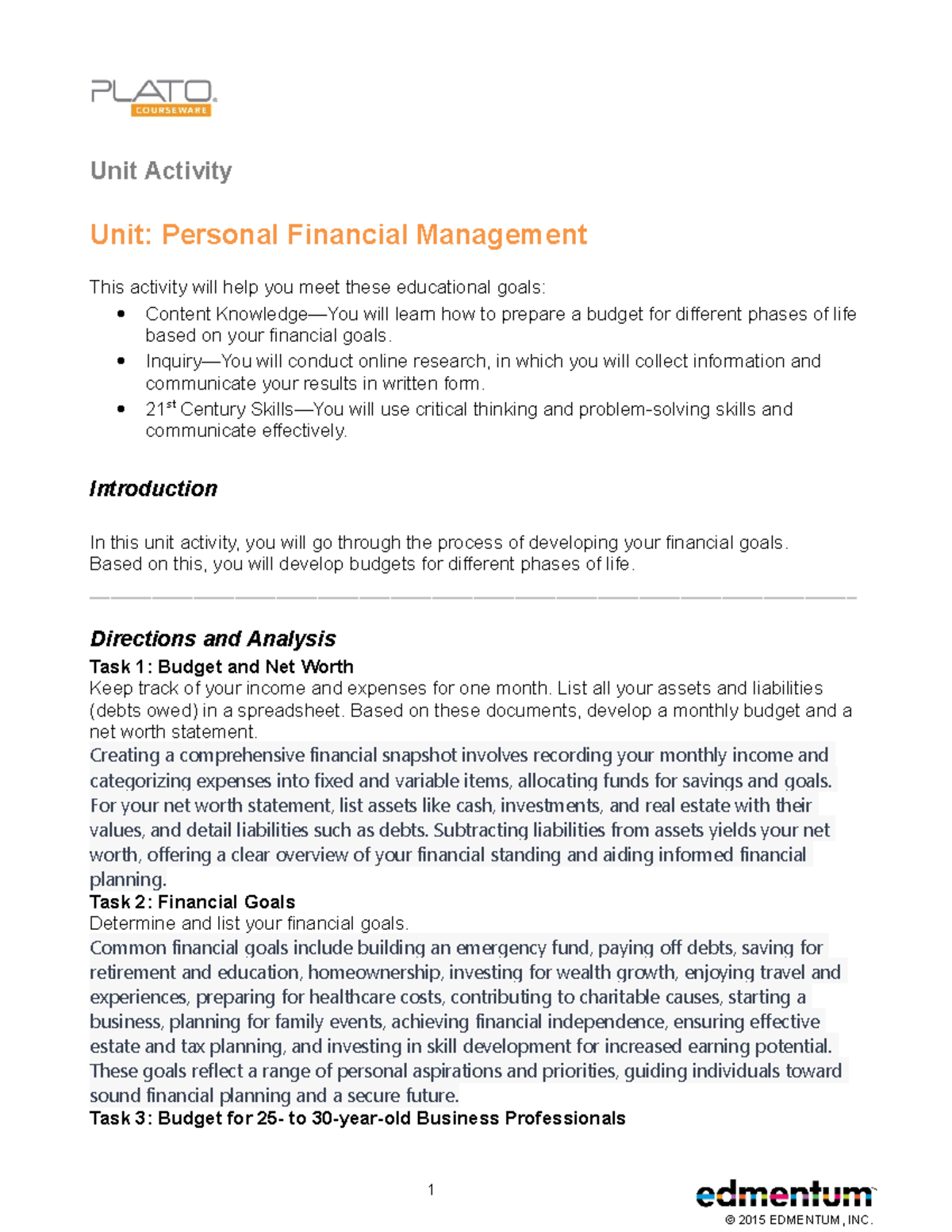 Personal Financial Management UA - Unit Activity Unit: Personal ...