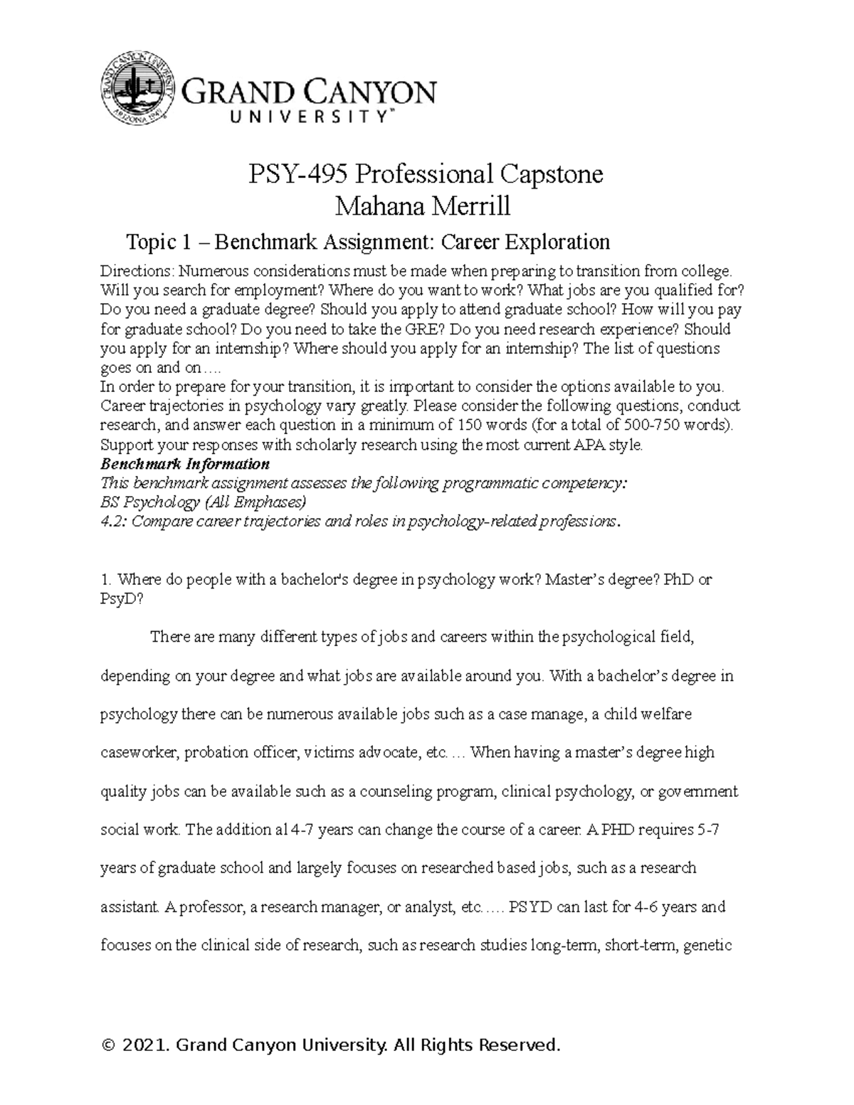 Career Exploration for professional capstone - PSY-495 Professional ...