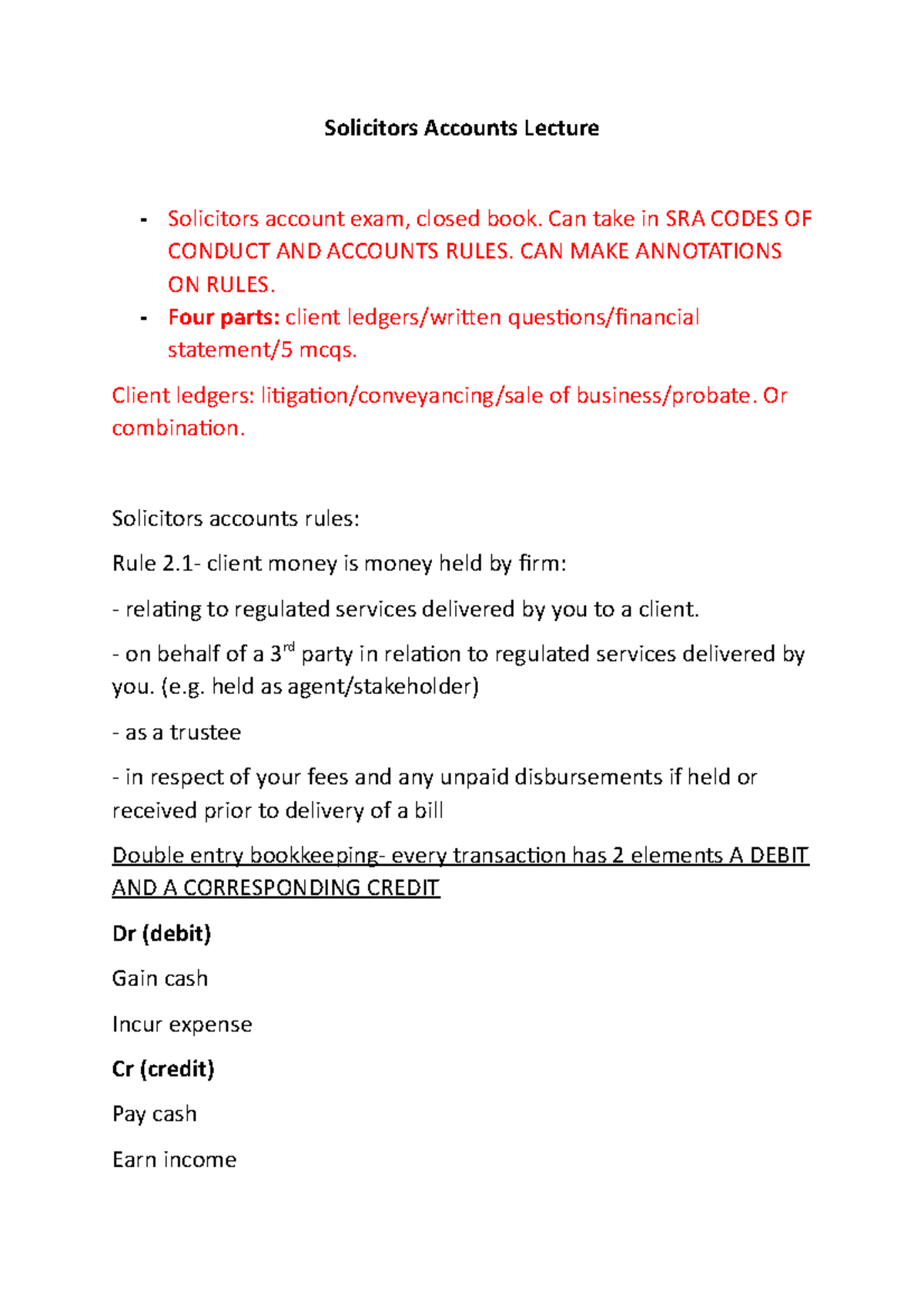 Solicitors Accounts Lecture - Can take in SRA CODES OF CONDUCT AND ...
