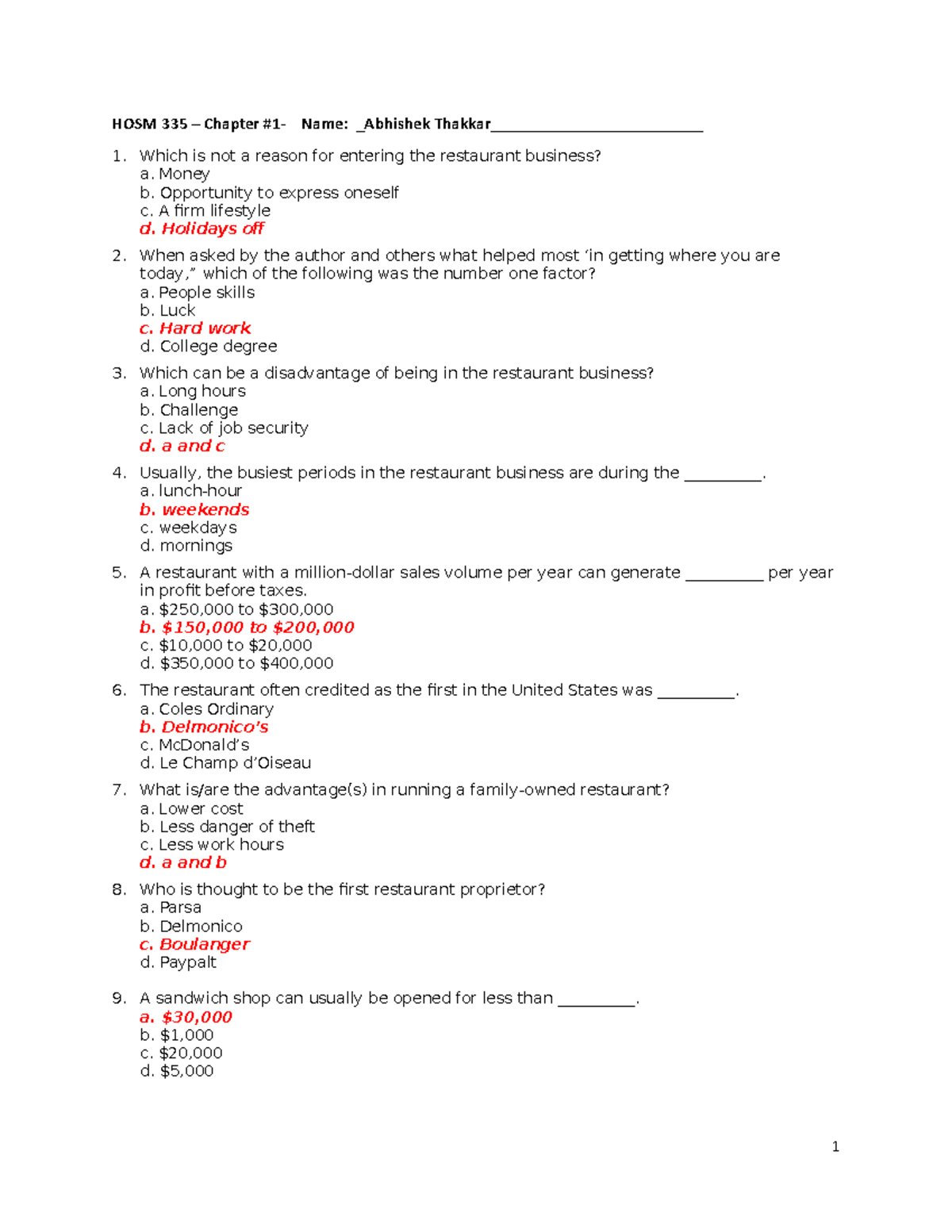 HOSM 335 QUIZ 1 - quiz - HOSM 335 – Chapter #1- Name: Abhishek Thakkar