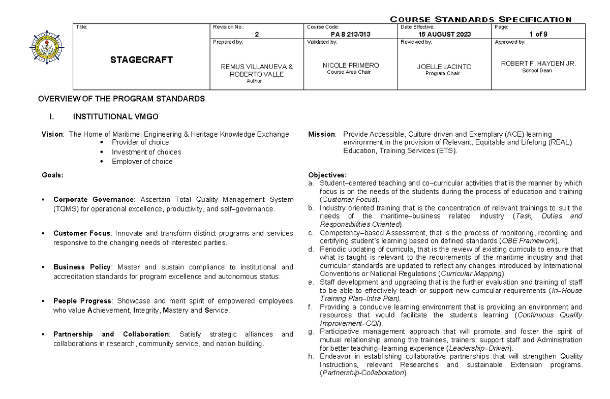PA 8 Stagecraft Enhanced CSS BPe A - Title: Revision No.: Course Code ...