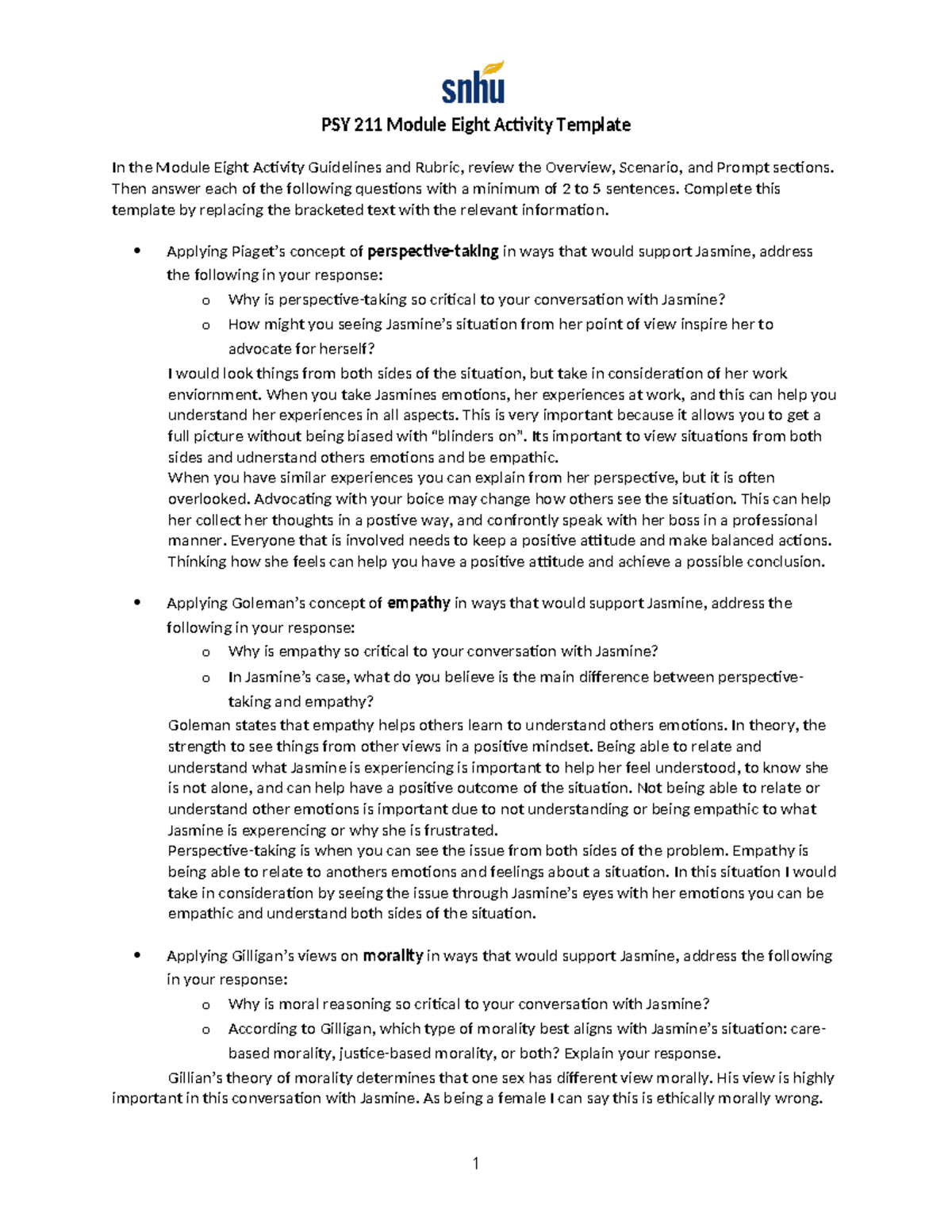 PSY 211 Module Eight Activity Template - Then answer each of the ...