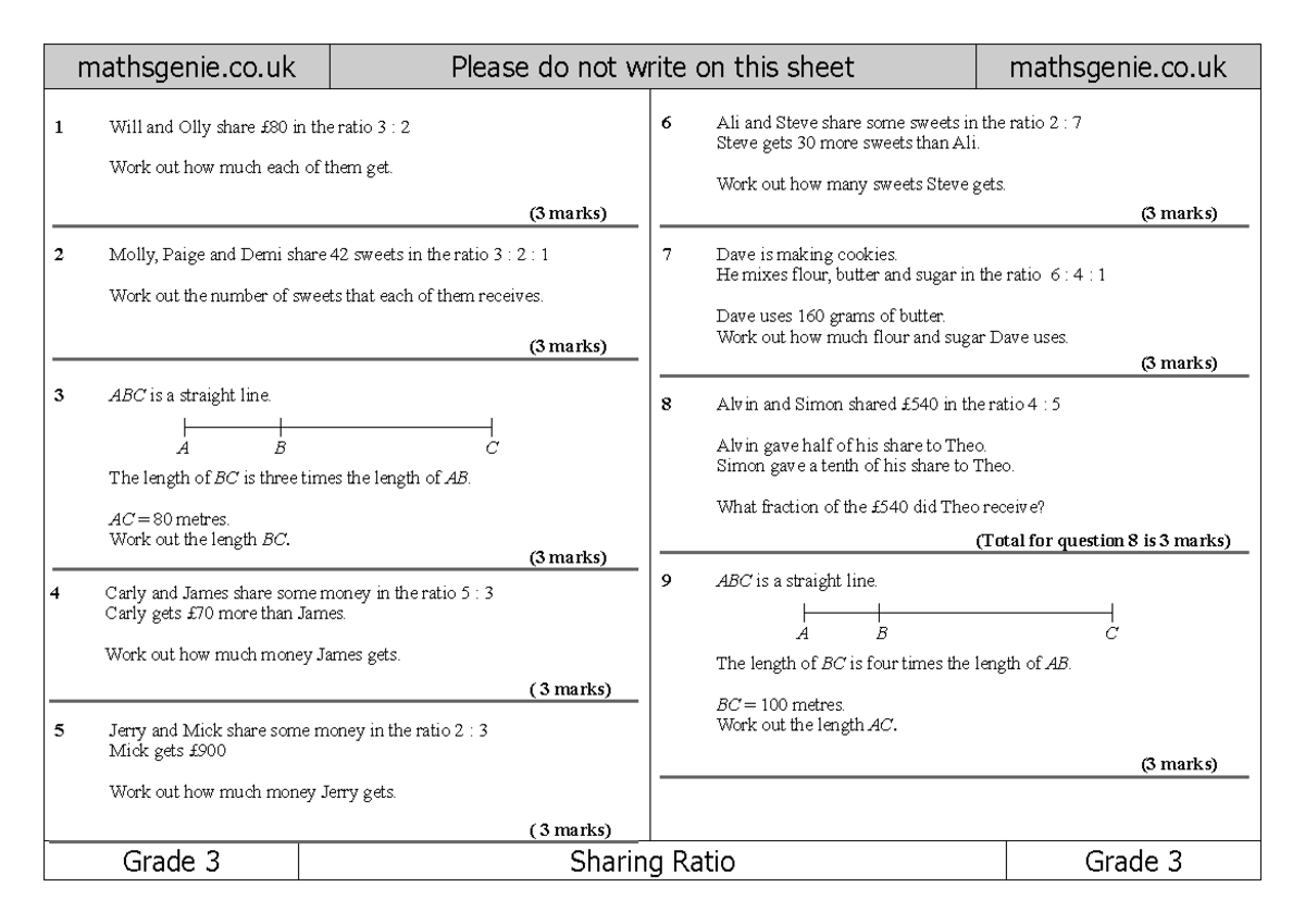 3 sharing ratio ws - mathsgenie.co Grade 3 Sharing Ratio Grade 3 Please ...