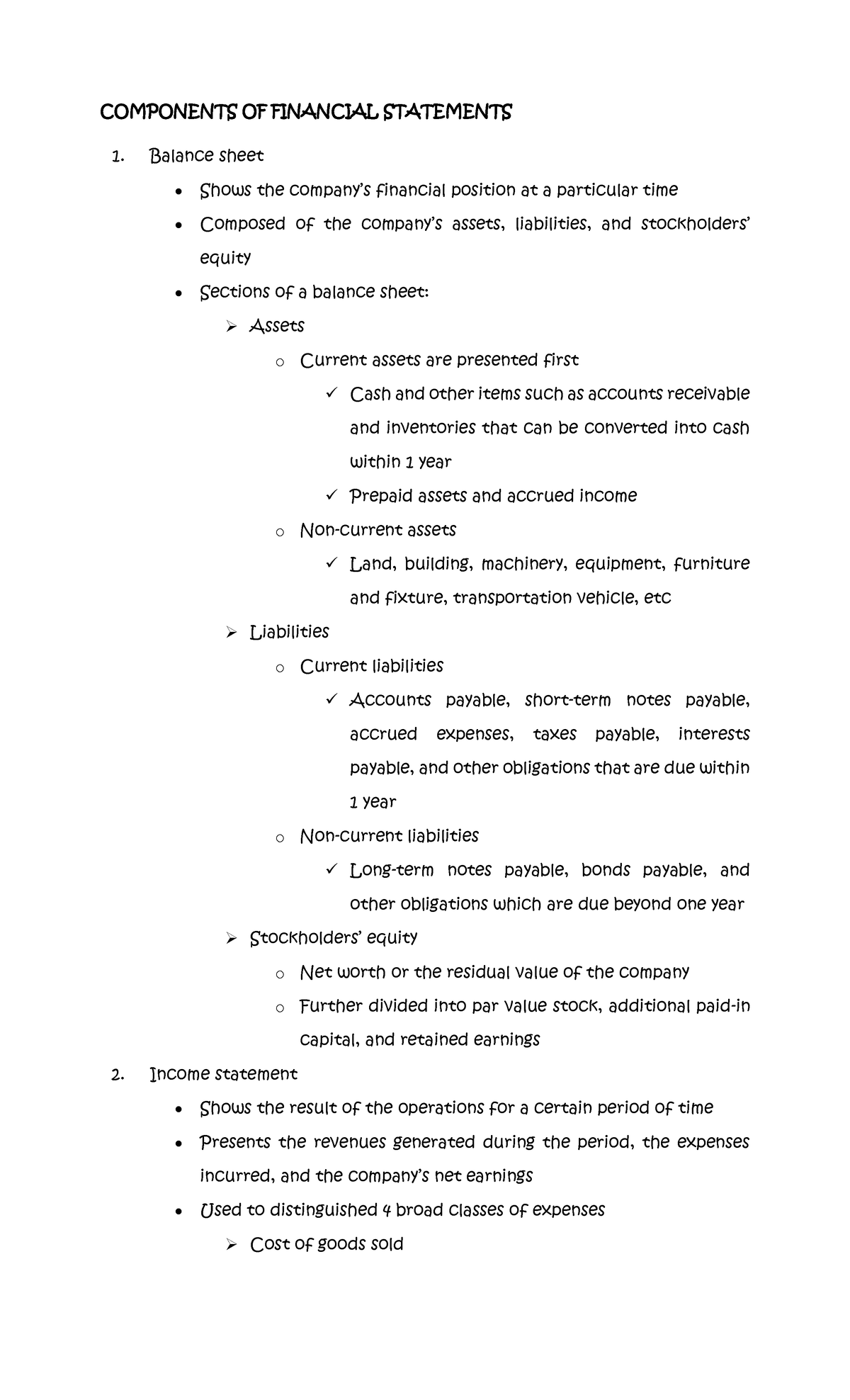 Components OF Financial Statements - COMPONENTS OF FINANCIAL STATEMENTS ...