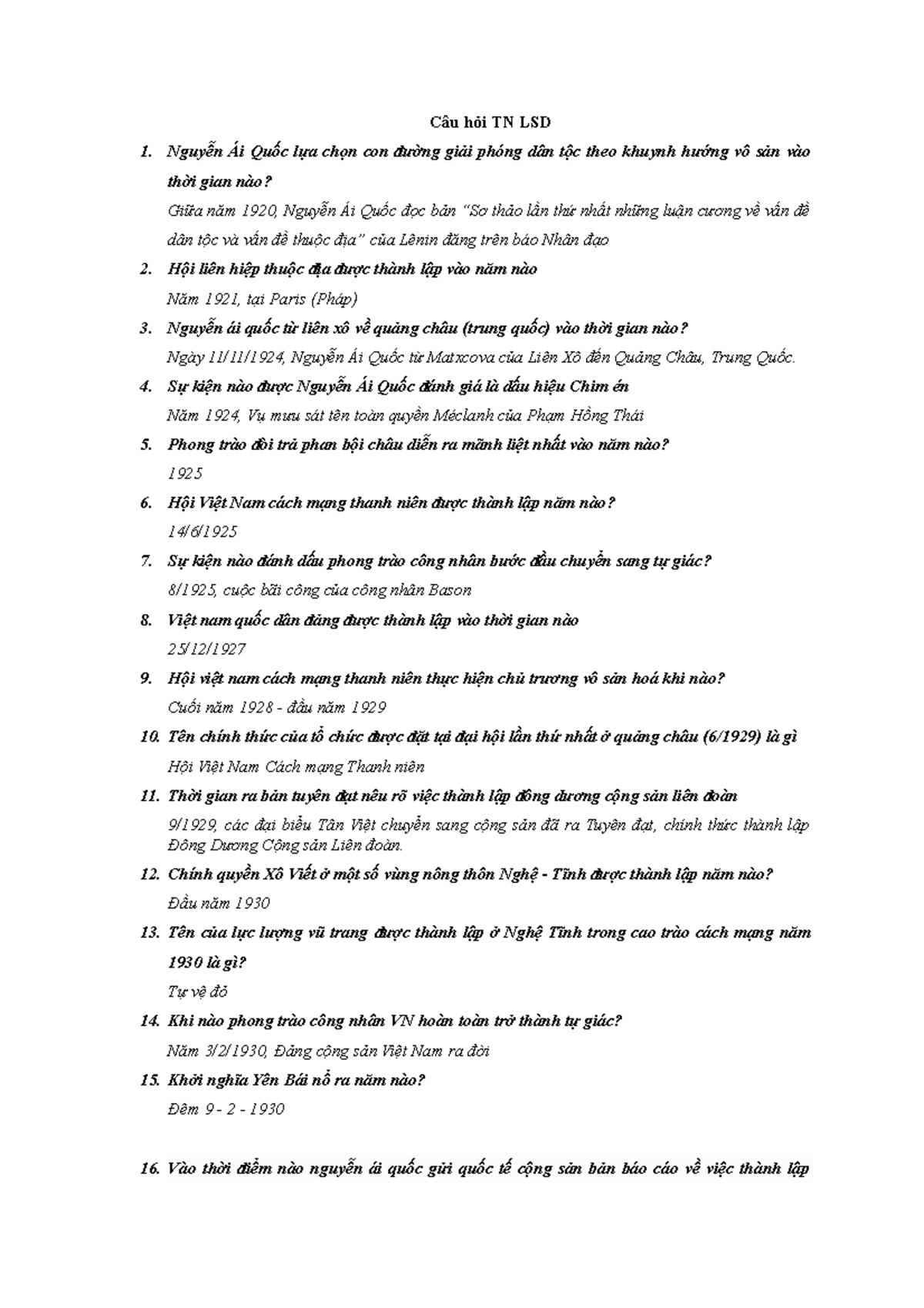 Câu hỏi TN LSD - lịch sử đảng - Câu hỏi TN LSD Nguyễn Ái Quốc lựa chọn con đường giải phóng dân ...