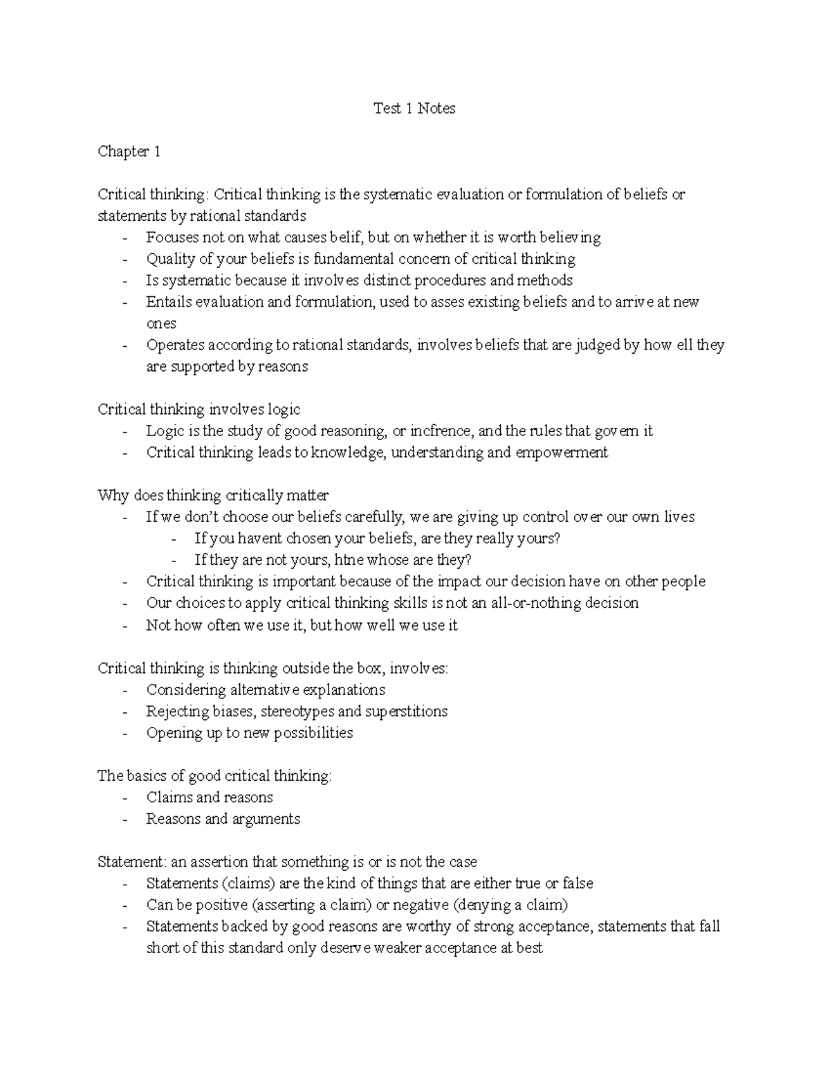 Critical Thinking test 1 notes - Test 1 Notes Chapter 1 Critical ...