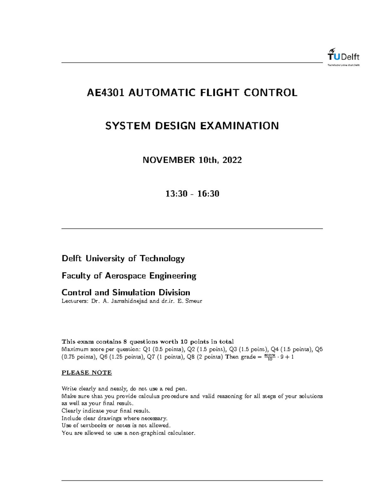 AE4301 exam 2022 11 - Examen vragen - AE4301 AUTOMATIC FLIGHT CONTROL SYSTEM DESIGN EXAMINATION ...