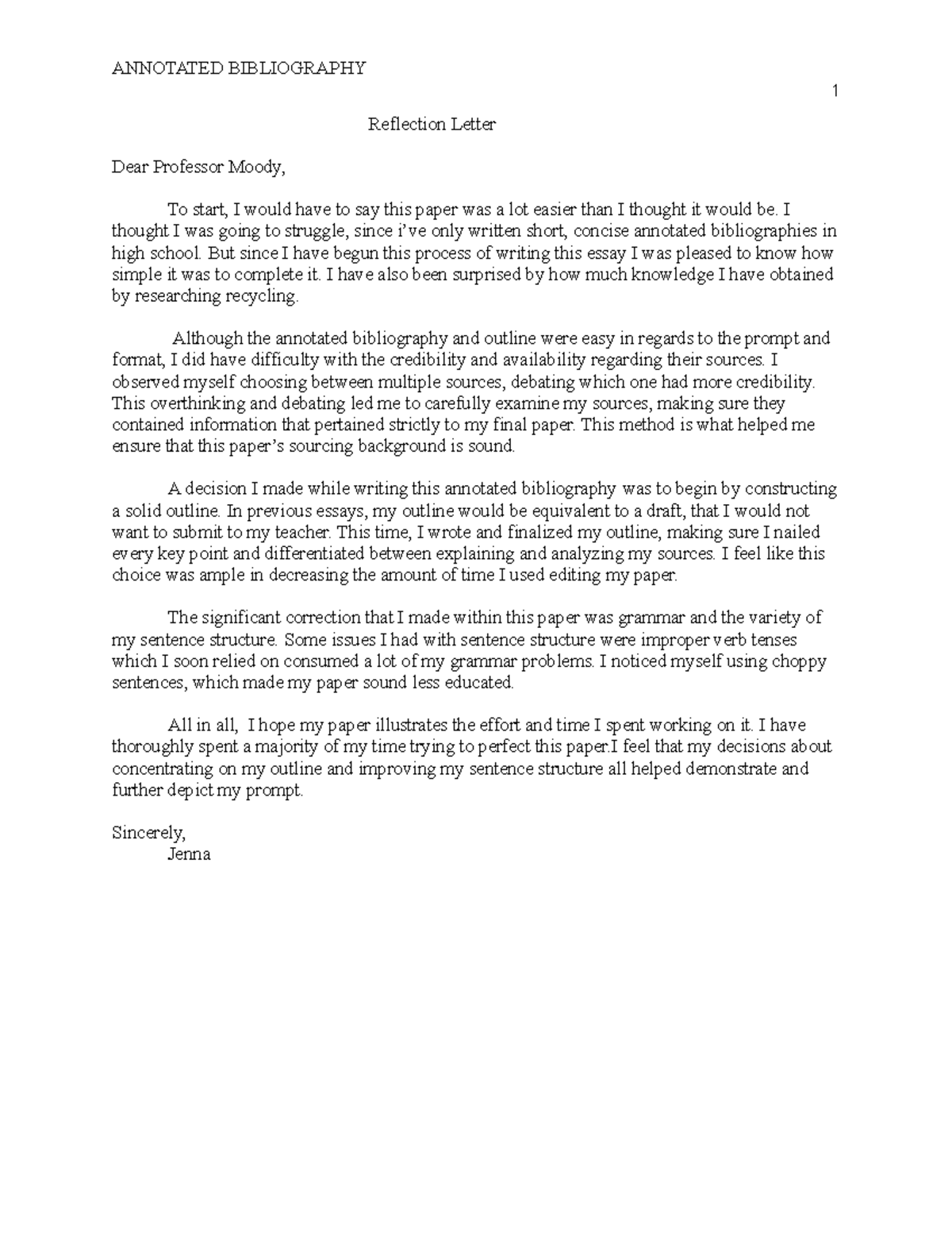 Annotated Bibliography 1102 - 1 Reflection Letter Dear Professor Moody ...