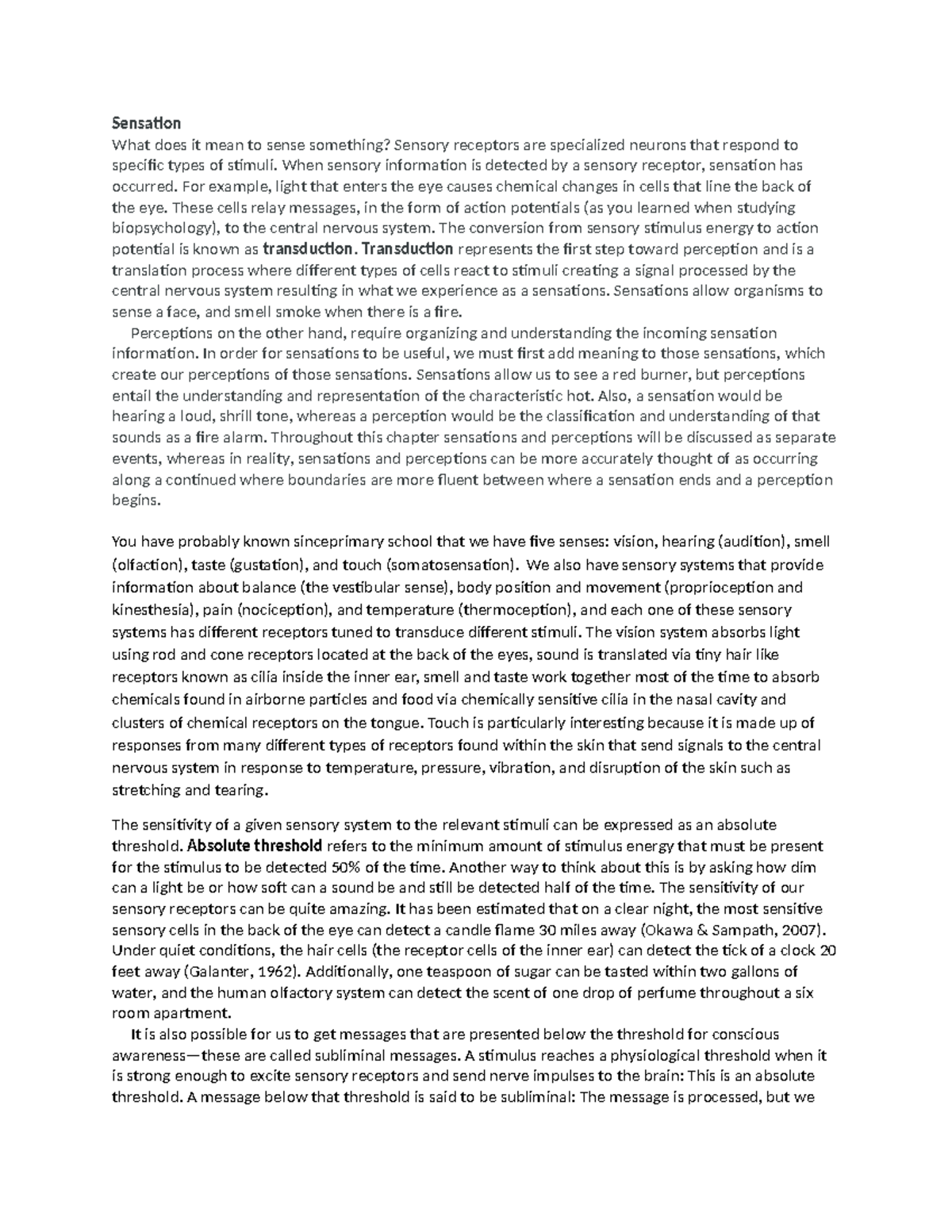Sensation and perception.docx Notes - Sensation What does it mean to ...