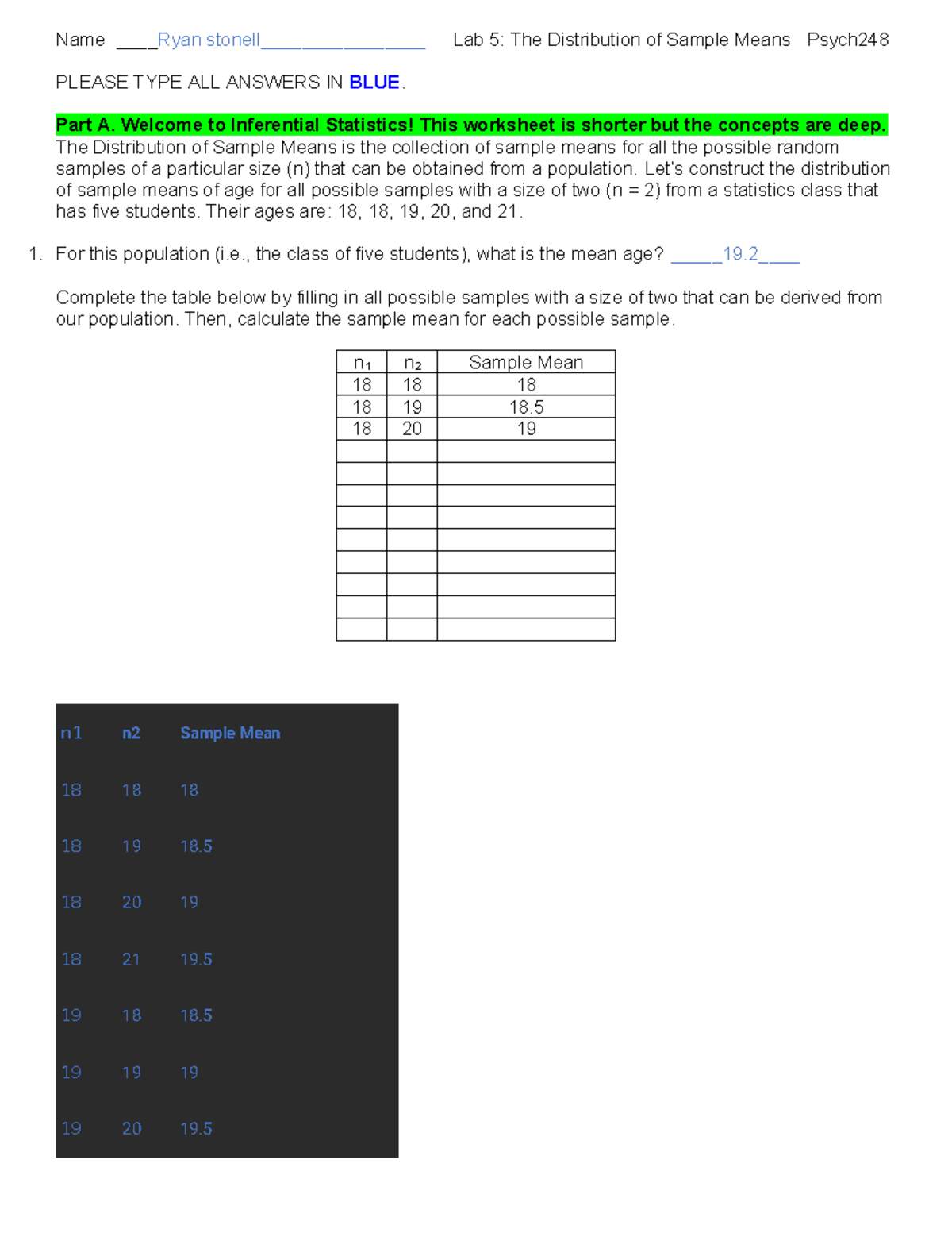 Lab 5 worksheet Sampling Distributions - Name Ryan stonell____________ Lab 5: The Distribution ...