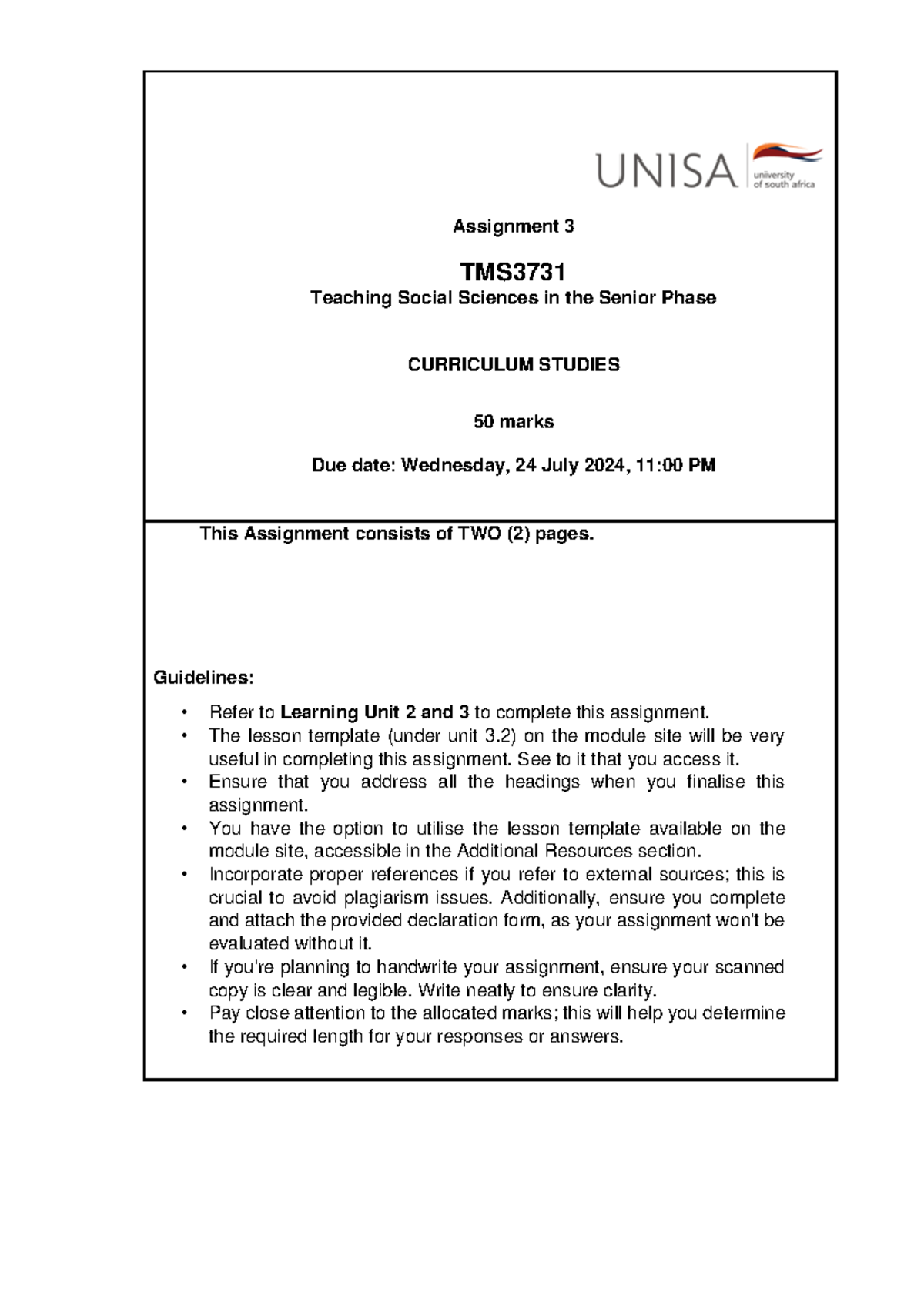 TMS3731 Assessment 3 File submission (001) - Assignment 3 TMS373 1 ...
