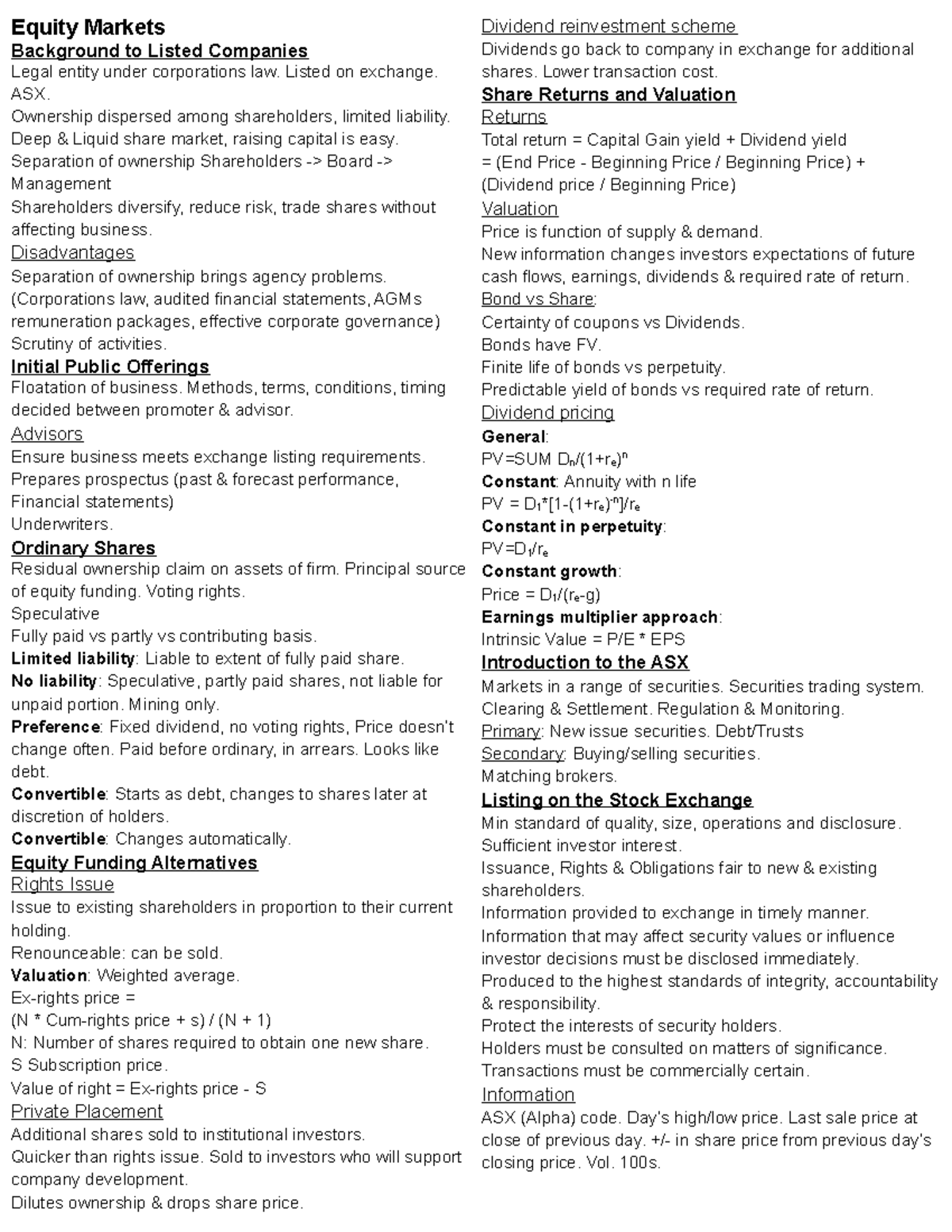 EFB201 Financial Markets Exam Notes - EFB201 - QUT - Studocu
