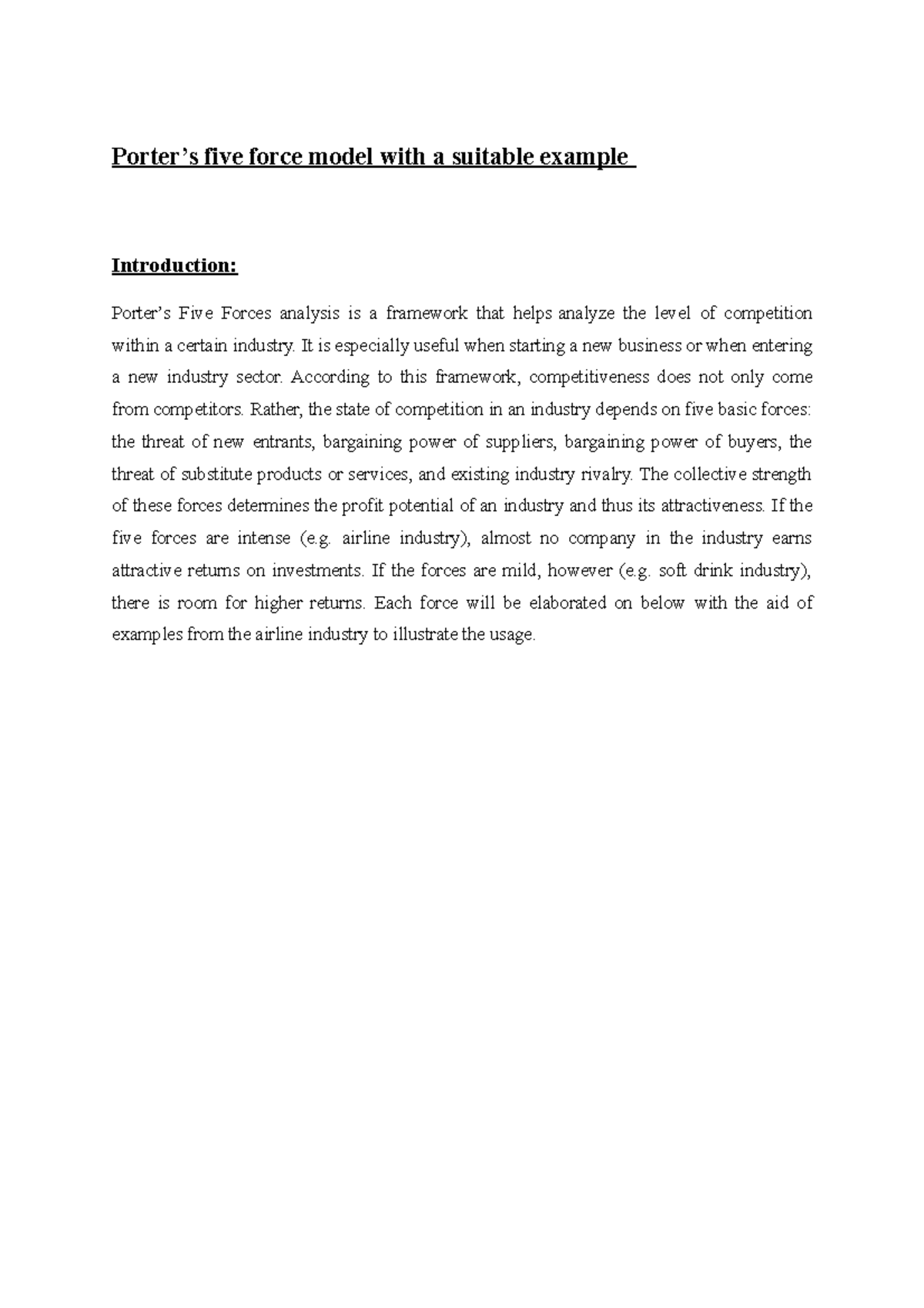 Strategic Management - Nil - Porter’s five force model with a suitable ...