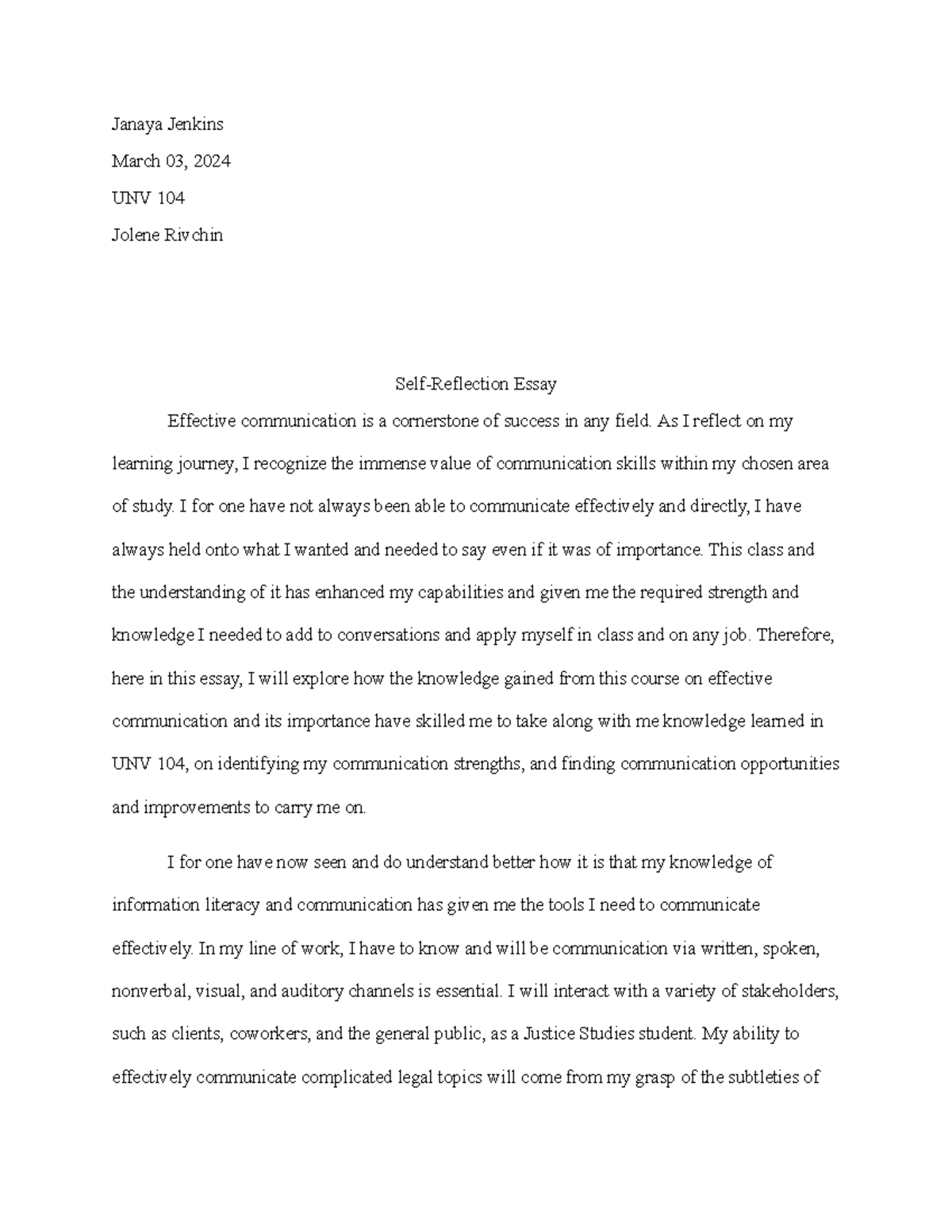 Janaya Jenkins Self Reflection Essay - Janaya Jenkins March 03, 2024 ...