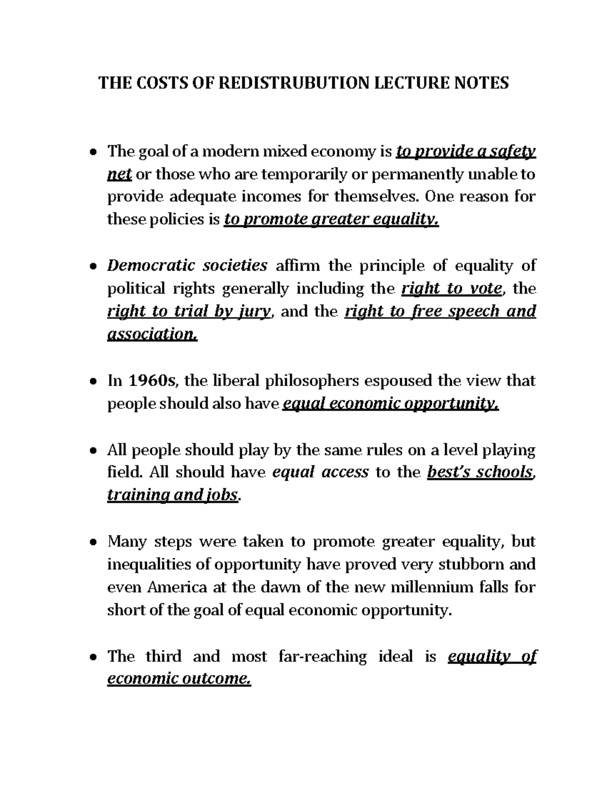 The Costs of Redistribution Lecture Notes - THE COSTS OF REDISTRUBUTION ...