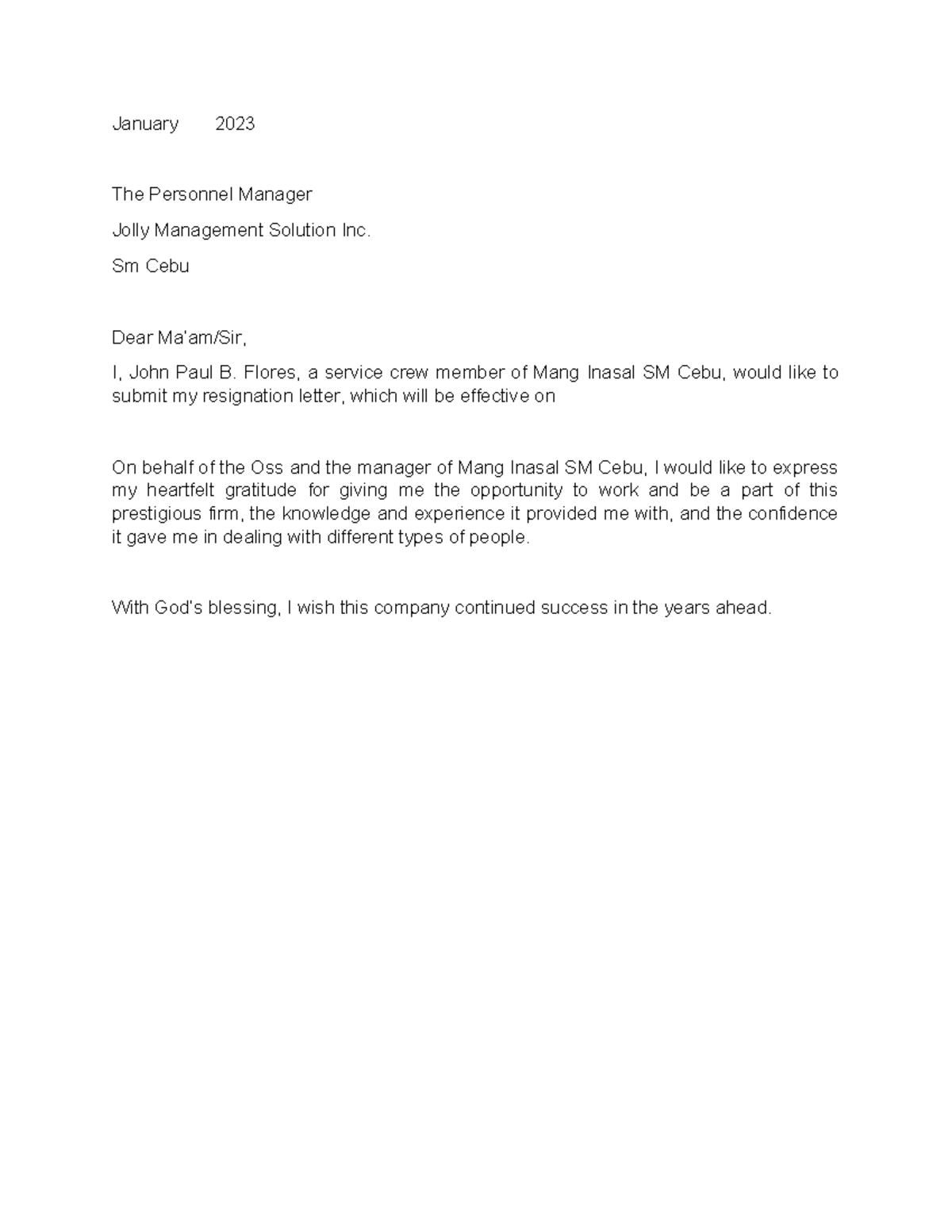 Paul resignation - January 2023 The Personnel Manager Jolly Management ...