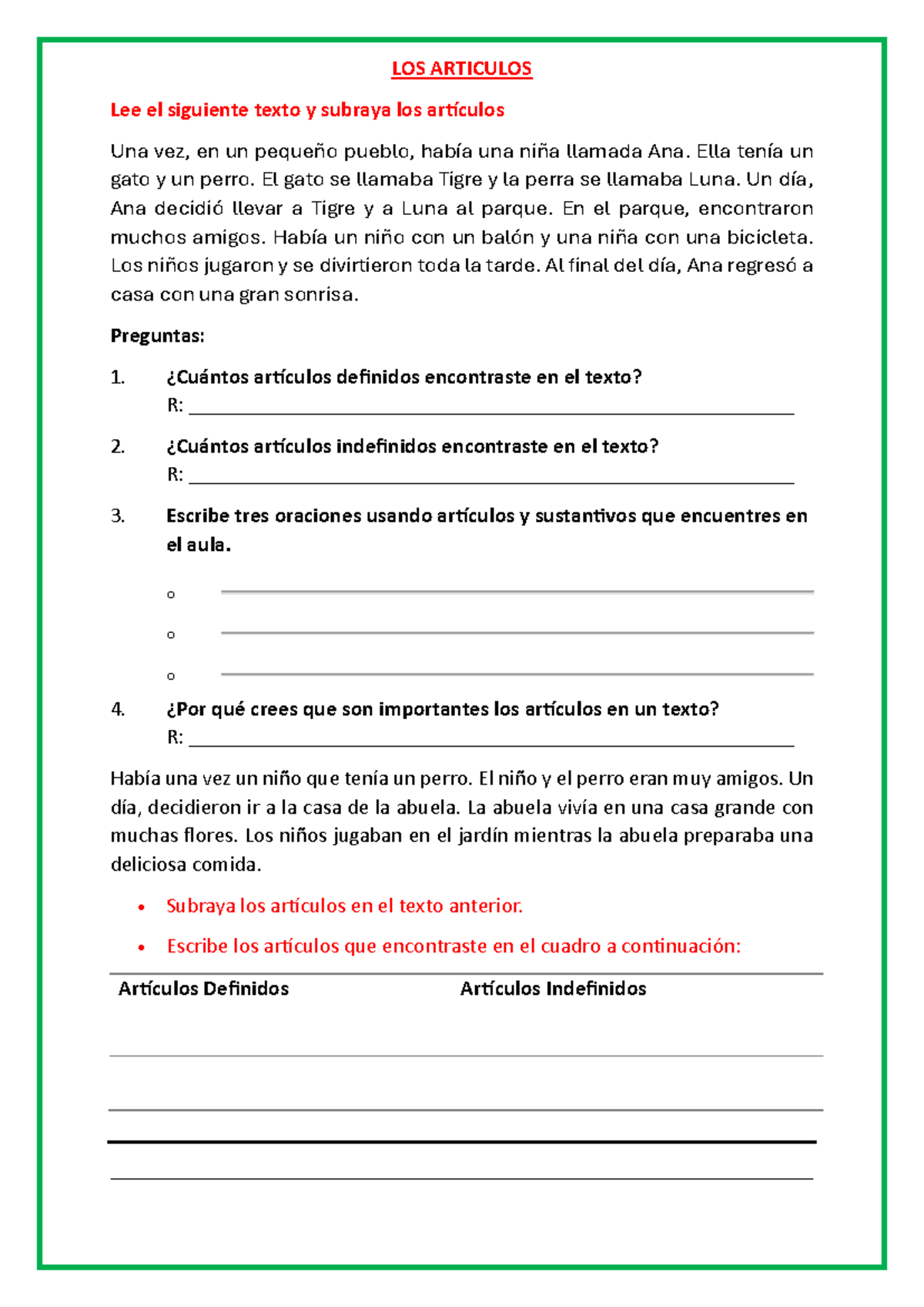 LOS Articulos ficha de trabajo - LOS ARTICULOS Lee el siguiente texto y ...