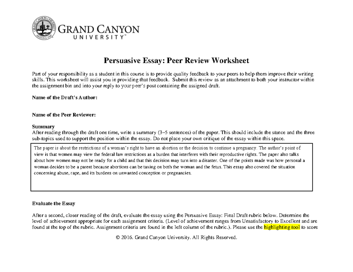 PHI-105 T-6 Persuasive Essay Peer Review Worksheet. (A) - Persuasive ...