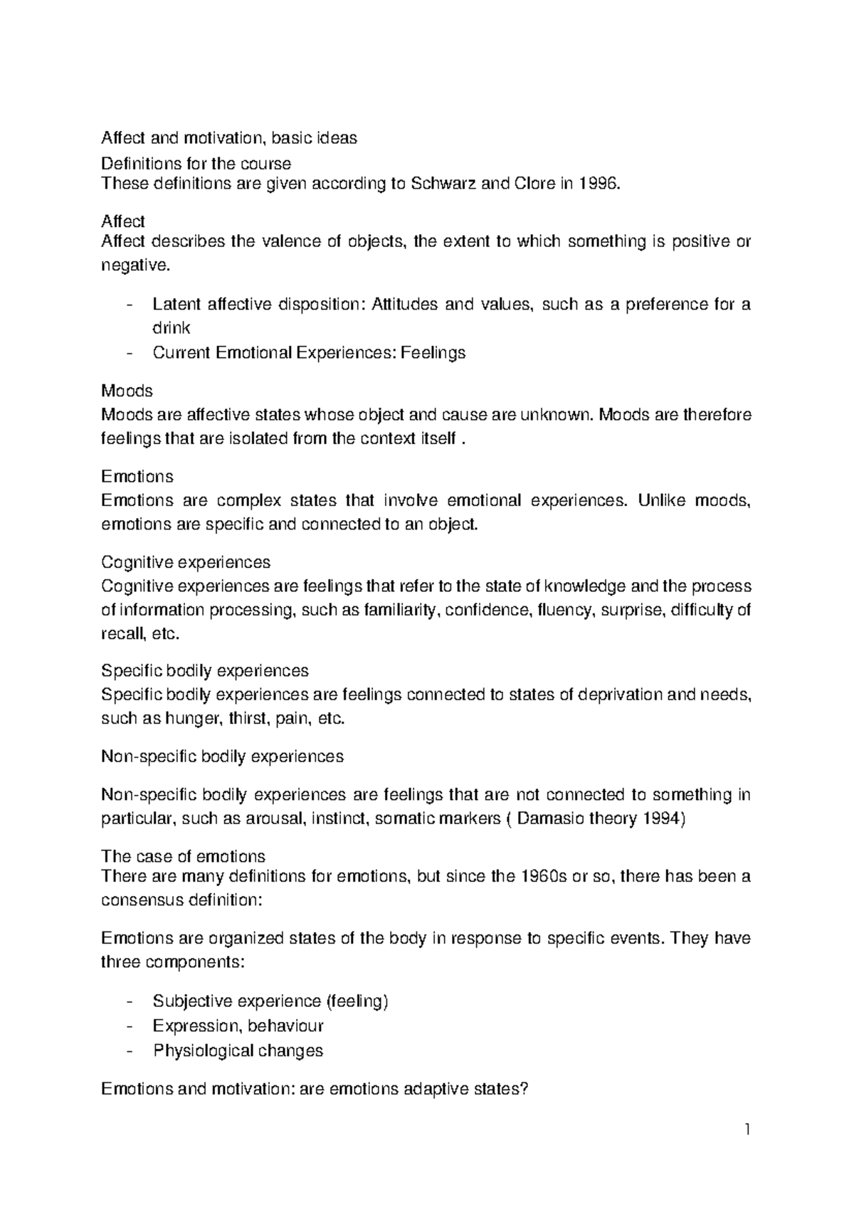 Affect and motivation 1 - 1 Affect and motivation, basic ideas ...