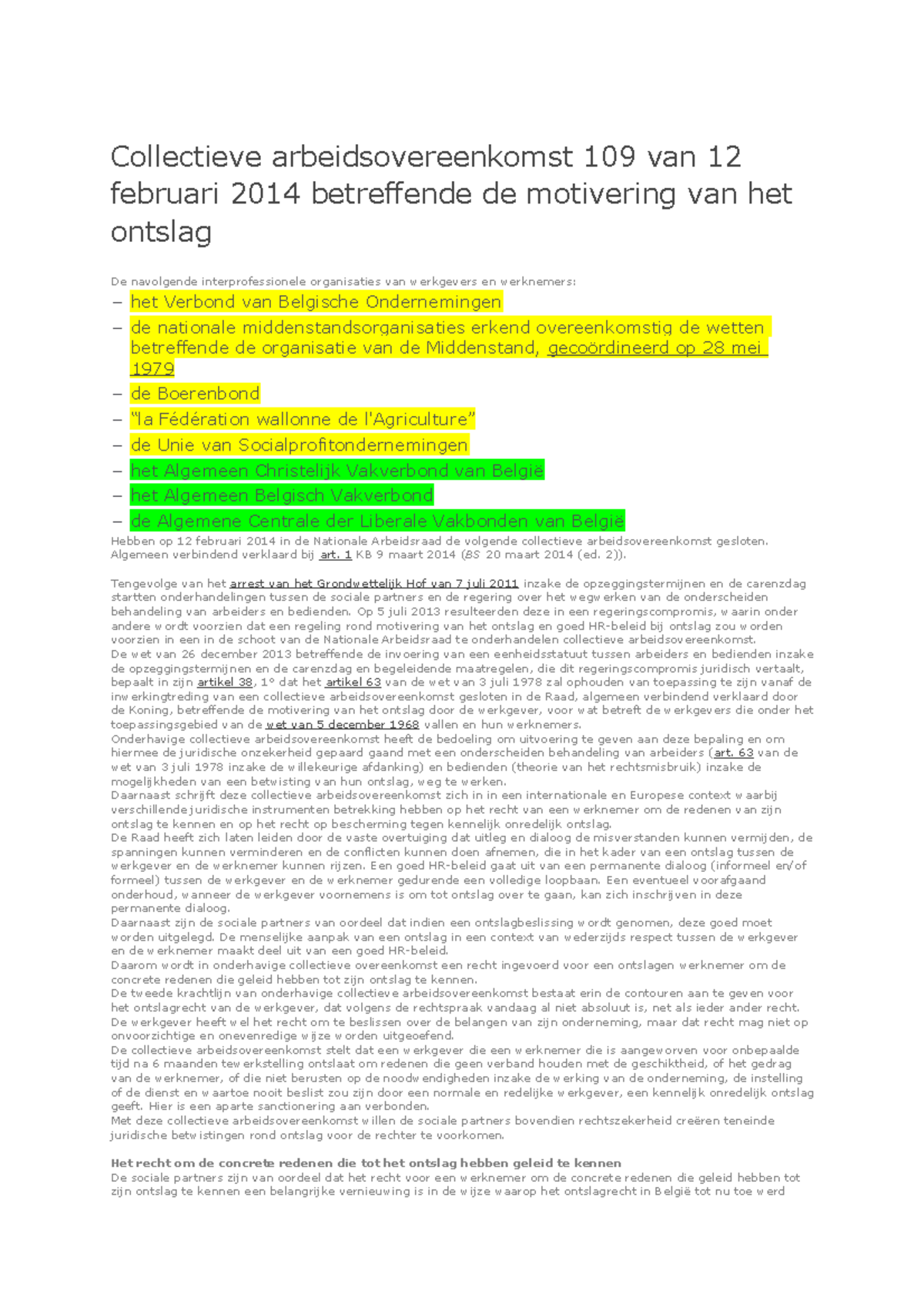 CAO nr. 109 - Volledig - Collectieve arbeidsovereenkomst 109 van 12 ...