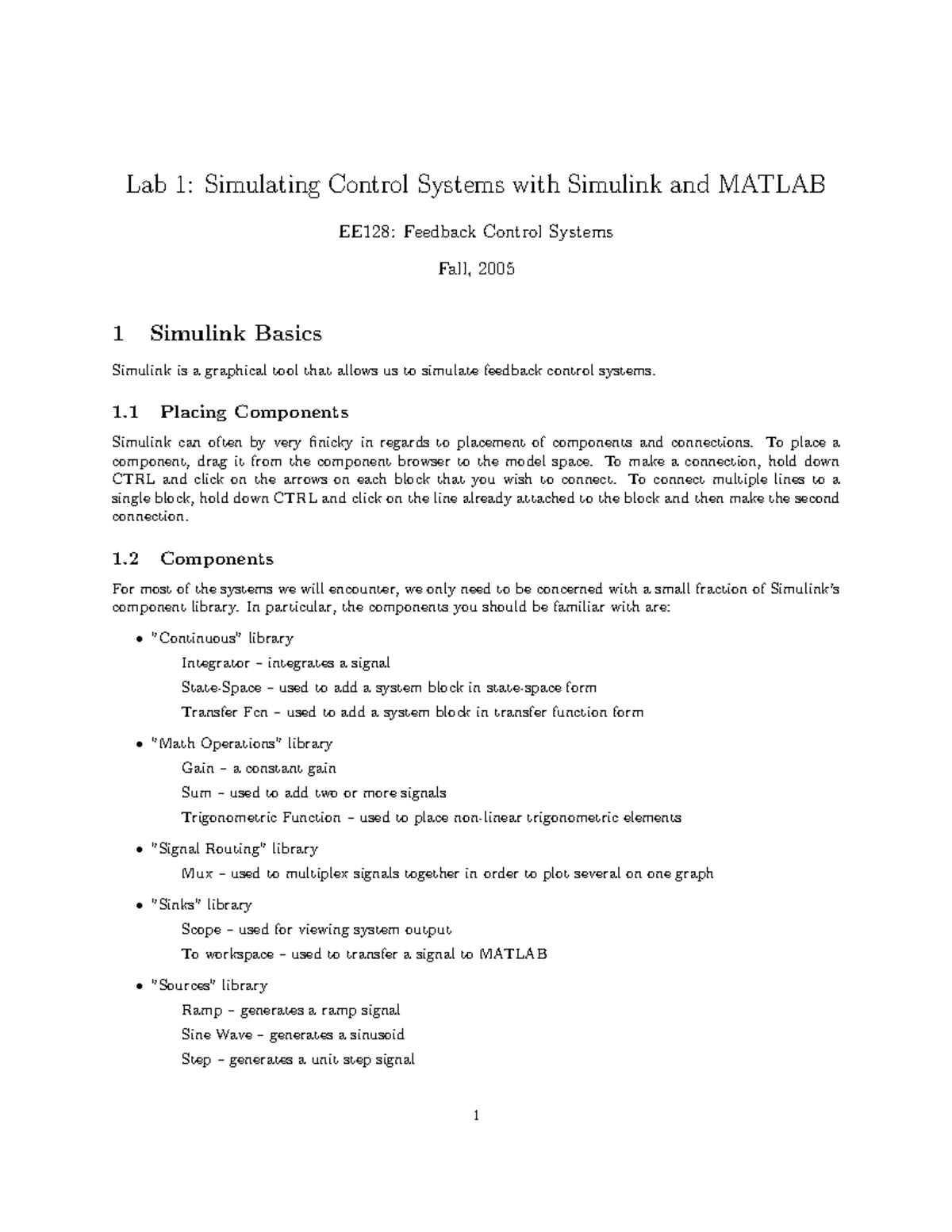 Lab1 - melvin - Lab 1: Simulating Control Systems with Simulink and ...