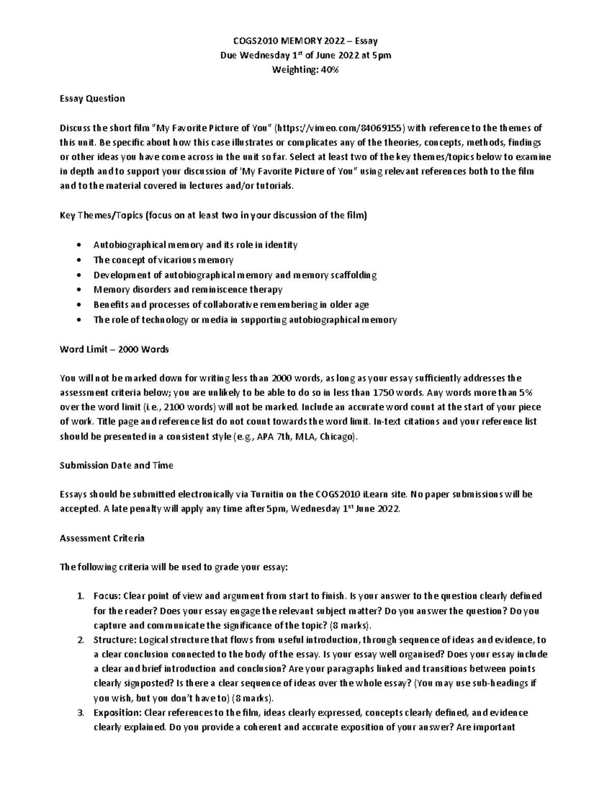 COGS2010 Essay Question and Rubric 2022 - COGS2010 MEMORY 2022 – Essay ...