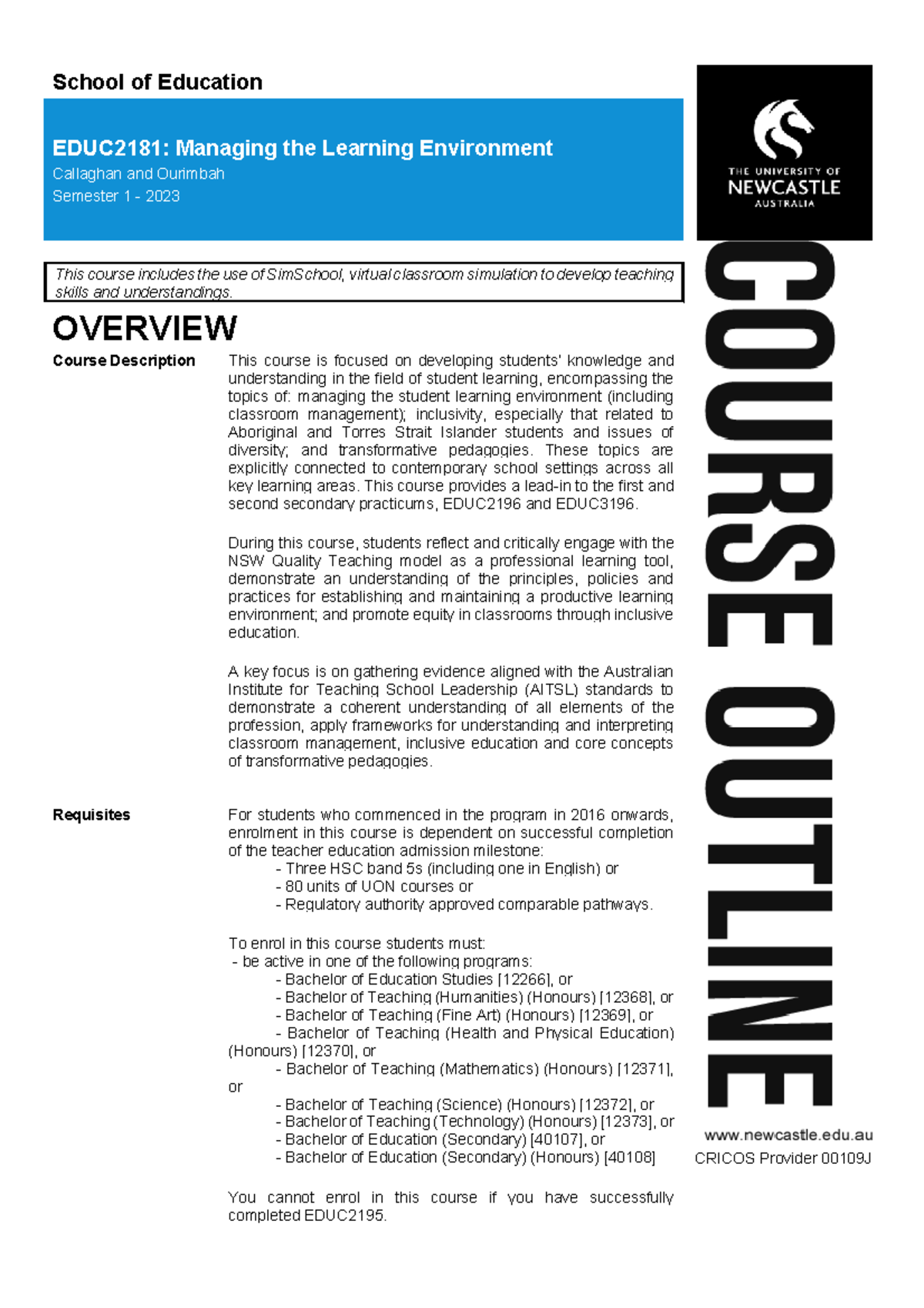 EDUC2181 Course outline - School of Education EDUC2181: Managing the ...