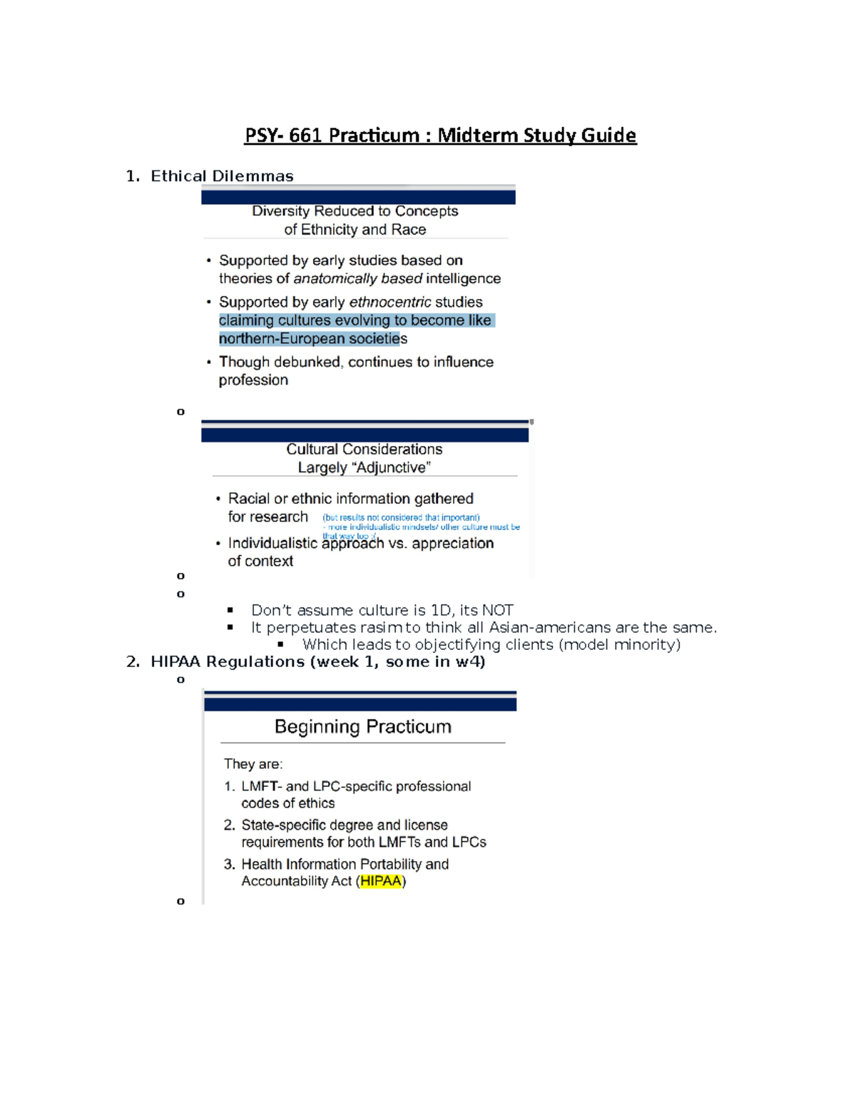 PSY - 661 Miterm Study Guide - PSY- 661 Practicum : Midterm Study Guide ...