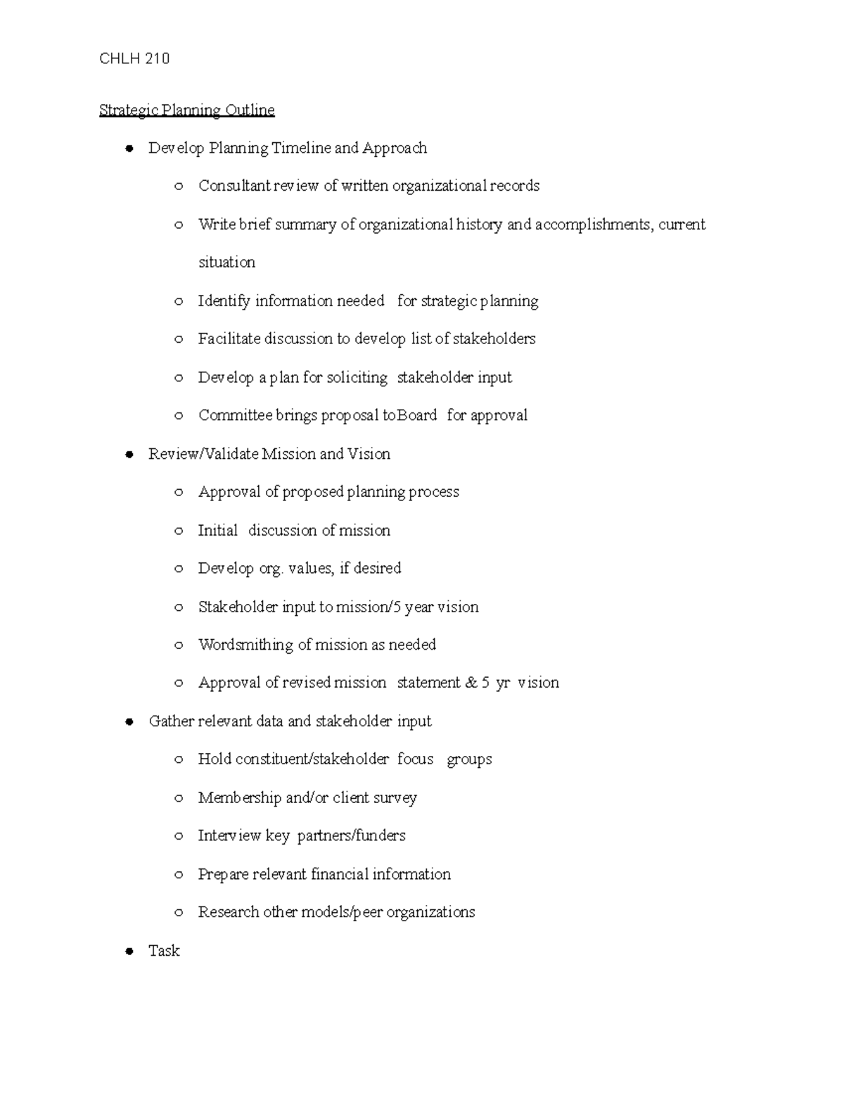 Strategic Planning Outline - CHLH 210 Strategic Planning Outline ...