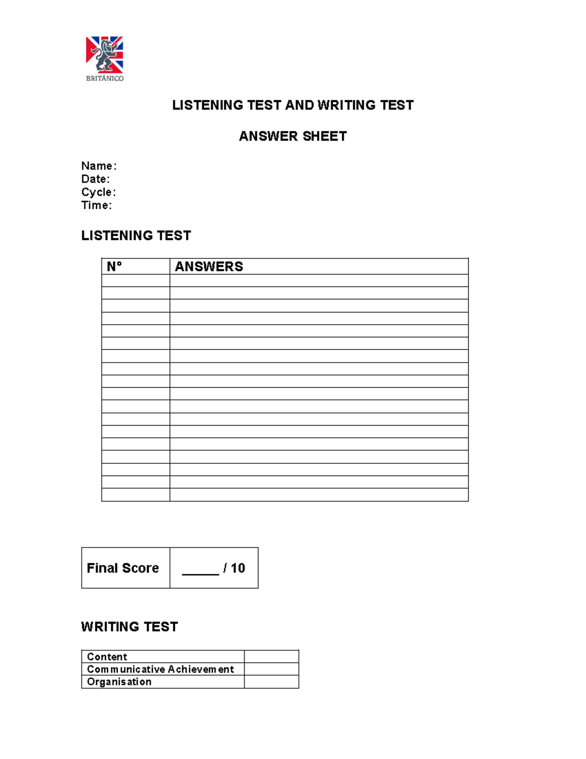 HOJA DE RESPUESTAS LISTENING Y READING - Inglés aplicado I - LISTENING ...