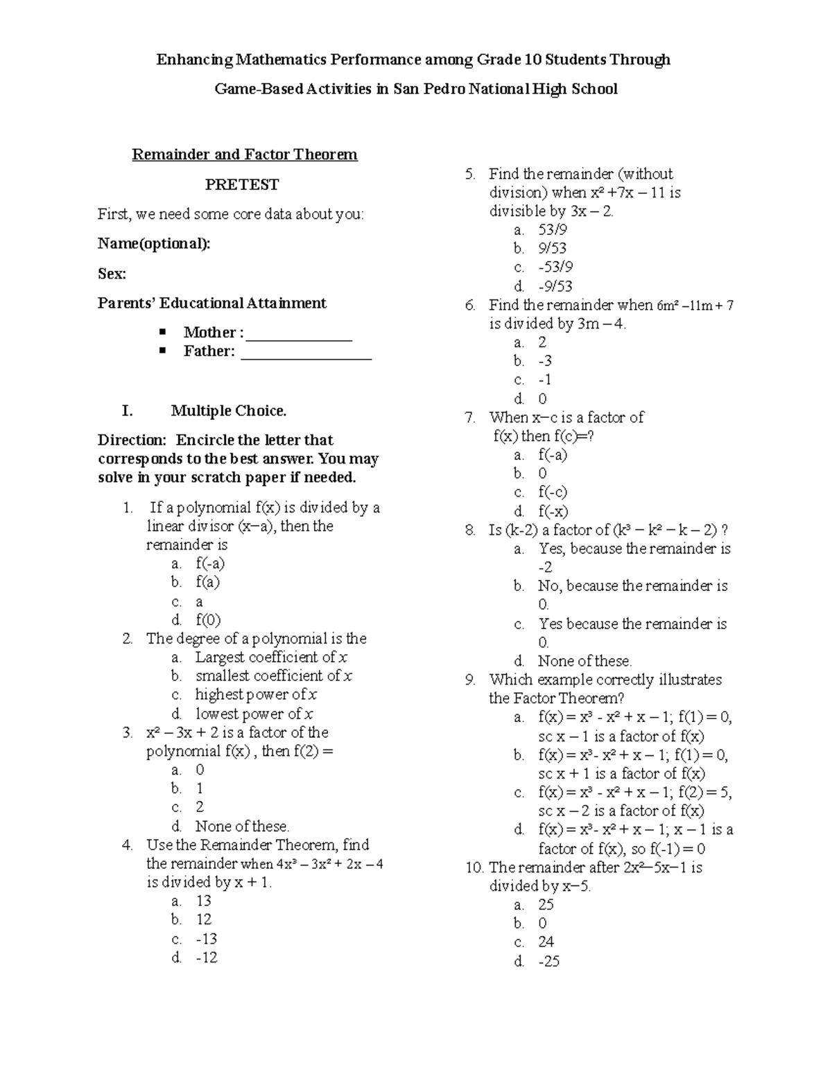 Pretest - Enhancing Mathematics Performance among Grade 10 Students ...