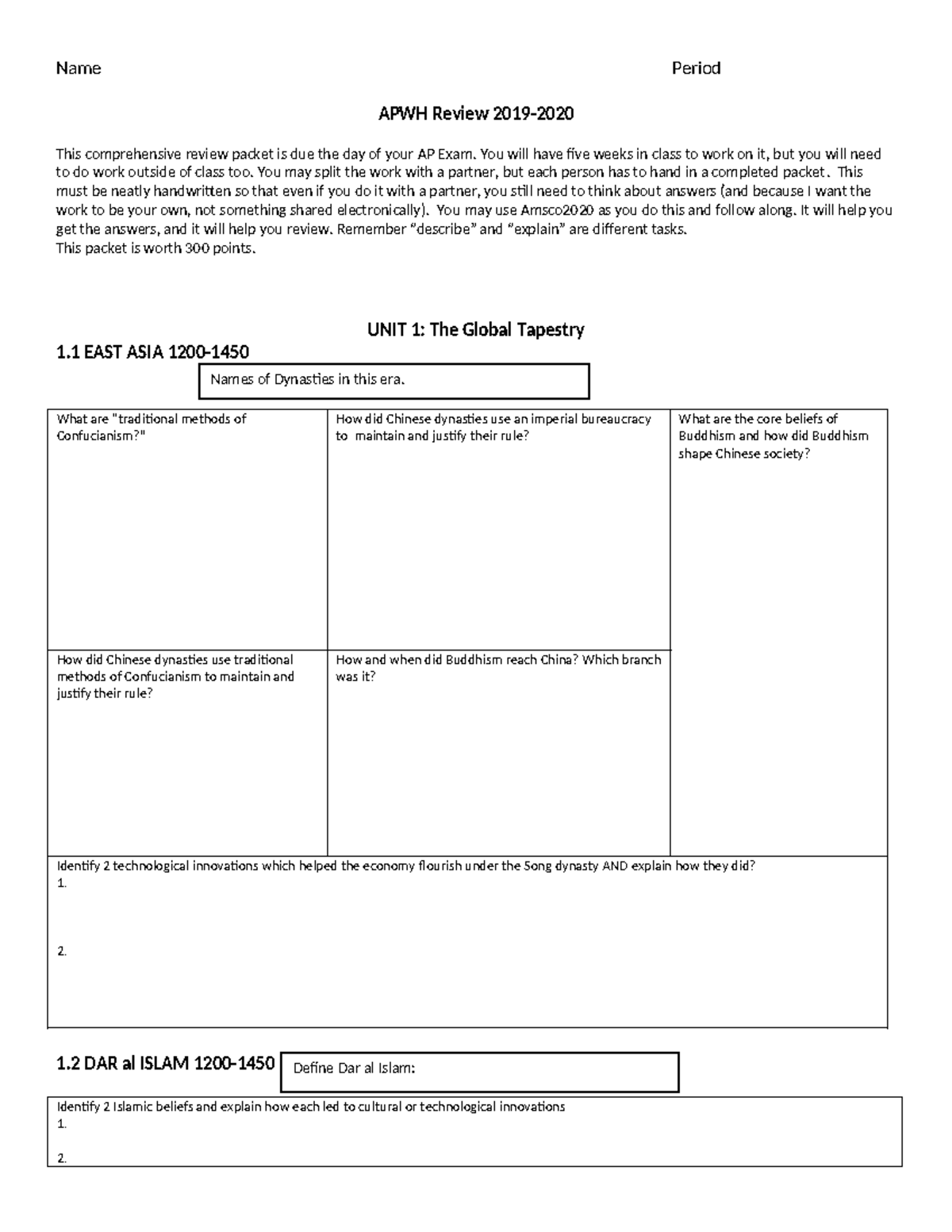Units 1-6 Review Packet (2024 Editable) - Name Period APWH Review 2019 ...