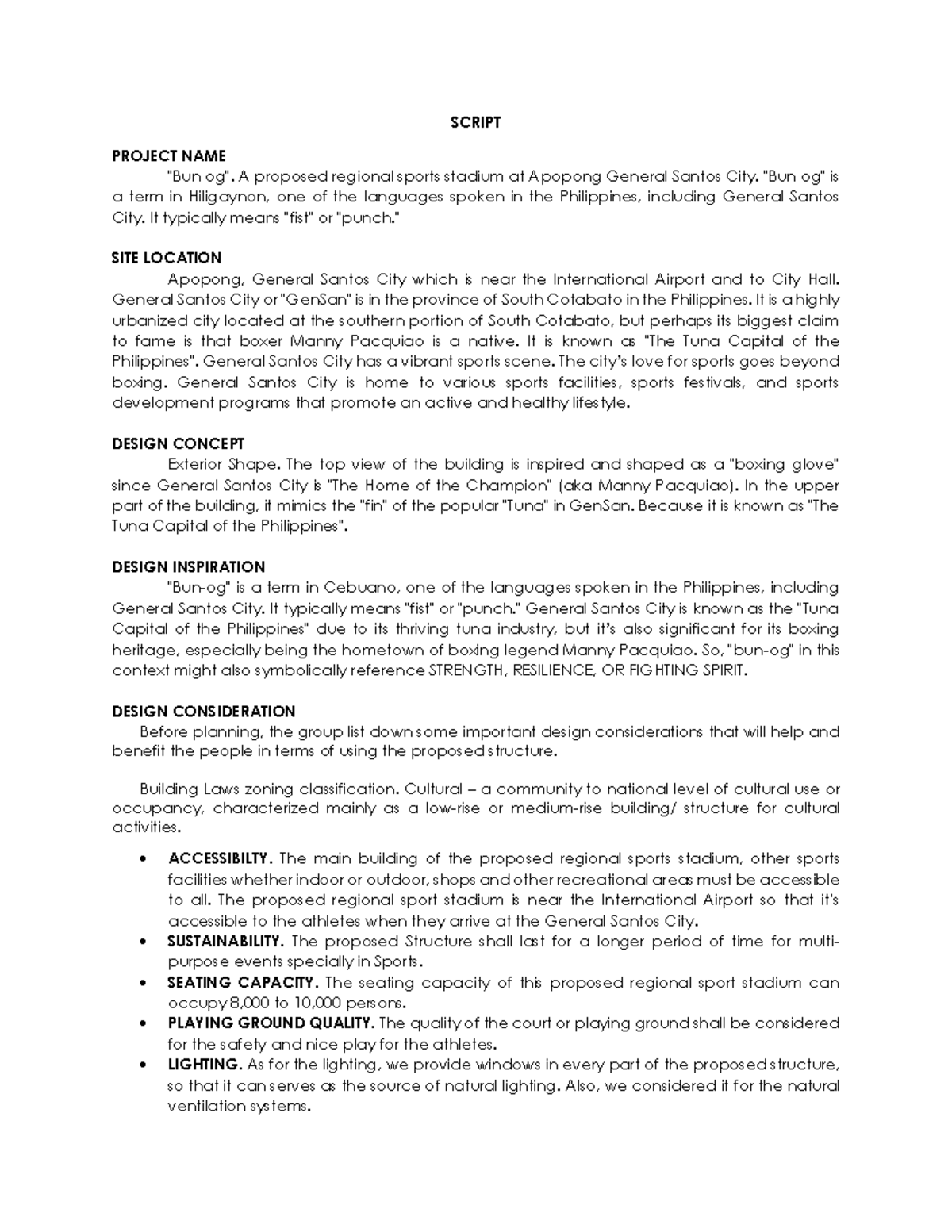 Narrative of a Sports Complex - SCRIPT PROJECT NAME "Bun og". A ...