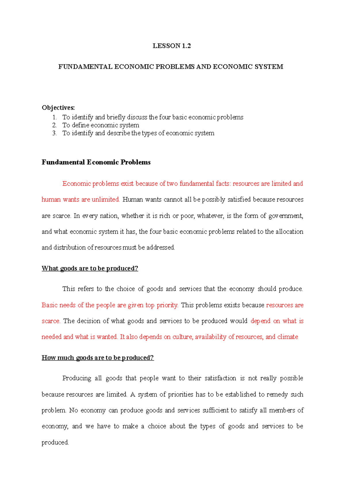 Lesson-1 - Lecture notes 1.1-1.2 - LESSON 1 FUNDAMENTAL ECONOMIC ...