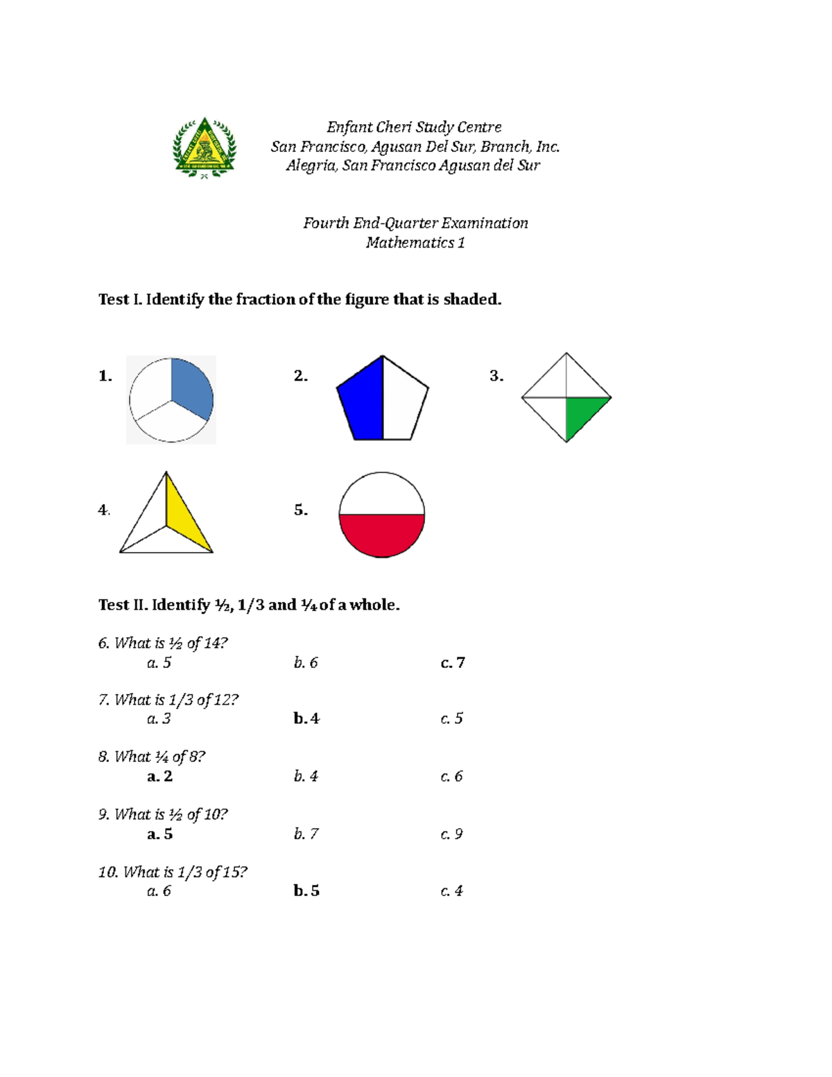 Mathematics 4th End-Quarter Exam Test Questionnaire - Enfant Cheri ...