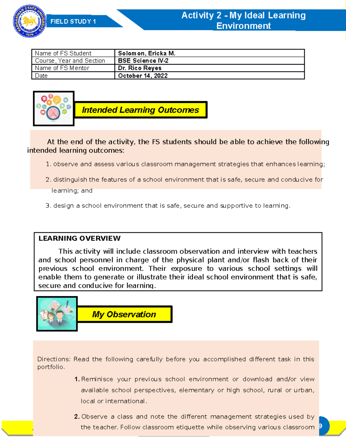 Activity 2 Solomon Ericka M. BSed Science - ####### FIELD STUDY 1 E- PORTFOLIO FOR FIELD STUDY 1 ...