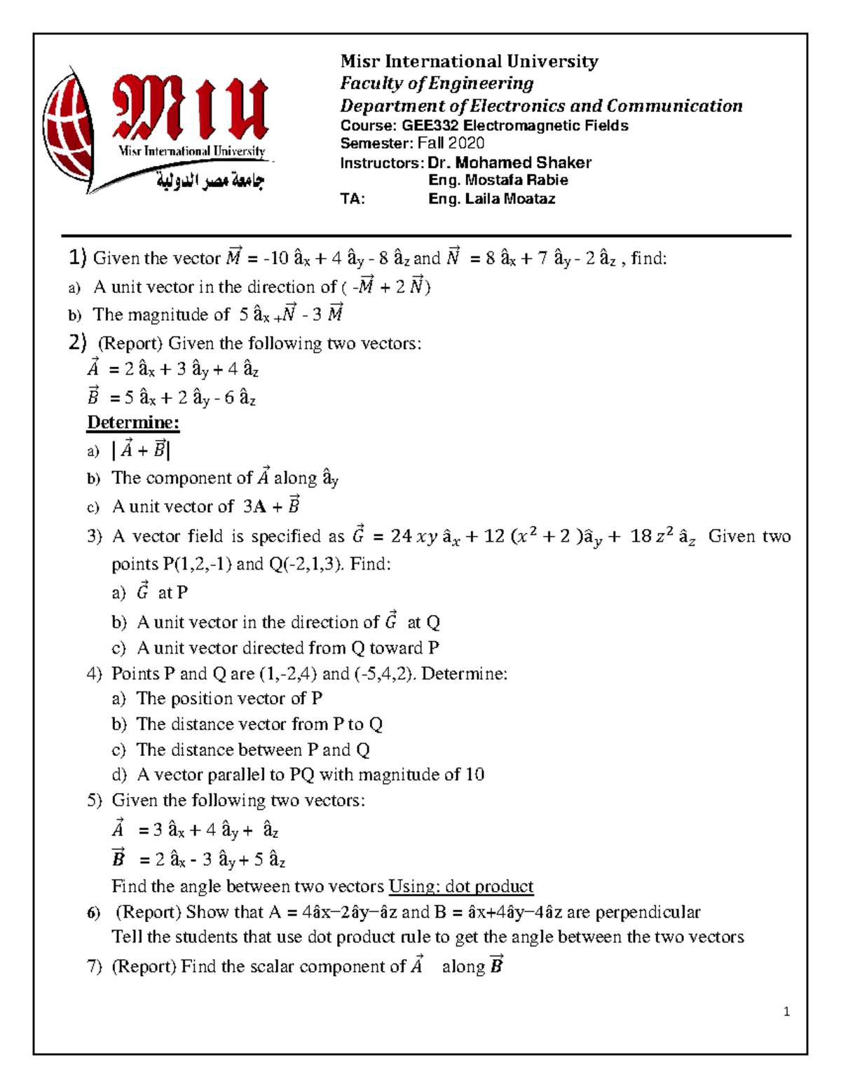 Sheet 1 - questions - Misr International University Faculty of Engineering Department of ...