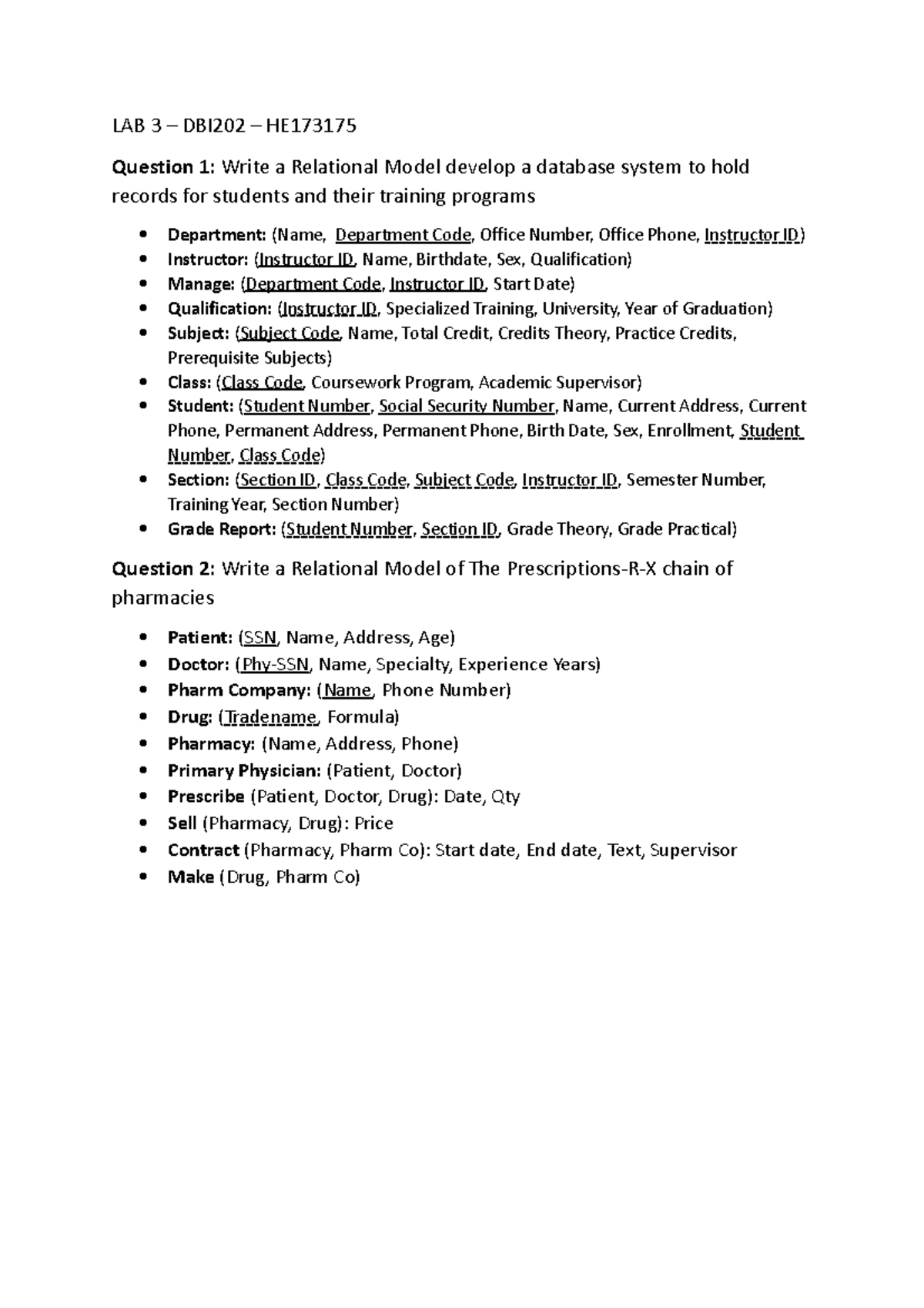 HE173175 DBI202 Lab3 - sssss - LAB 3 – DBI202 – HE Question 1: Write a ...