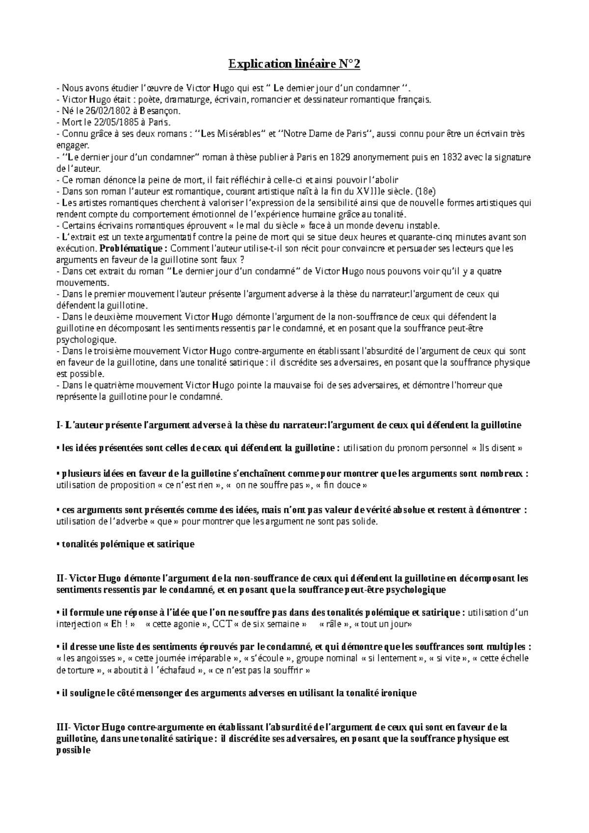 Explication linéaire N°2 - Explication linéaire N° Nous avons étudier l’œuvre de Victor Hugo qui ...