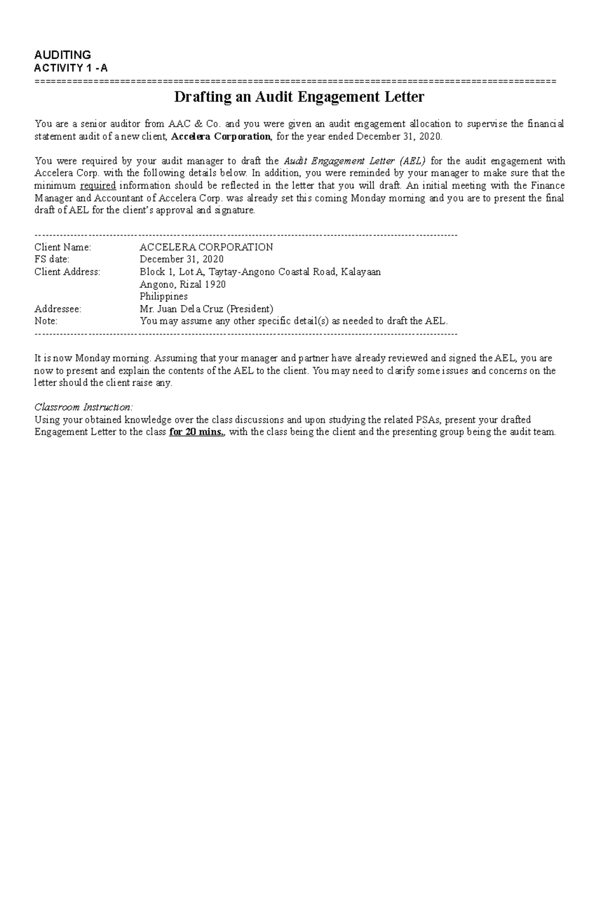 Risk-Based Audit Activity - AUDITING ACTIVITY 1 - A - Studocu