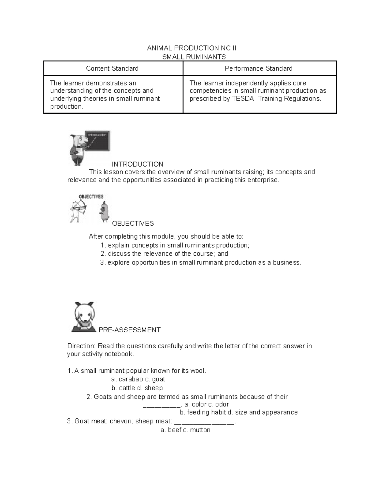 Animal Production NC II - ANIMAL PRODUCTION NC II SMALL RUMINANTS ...